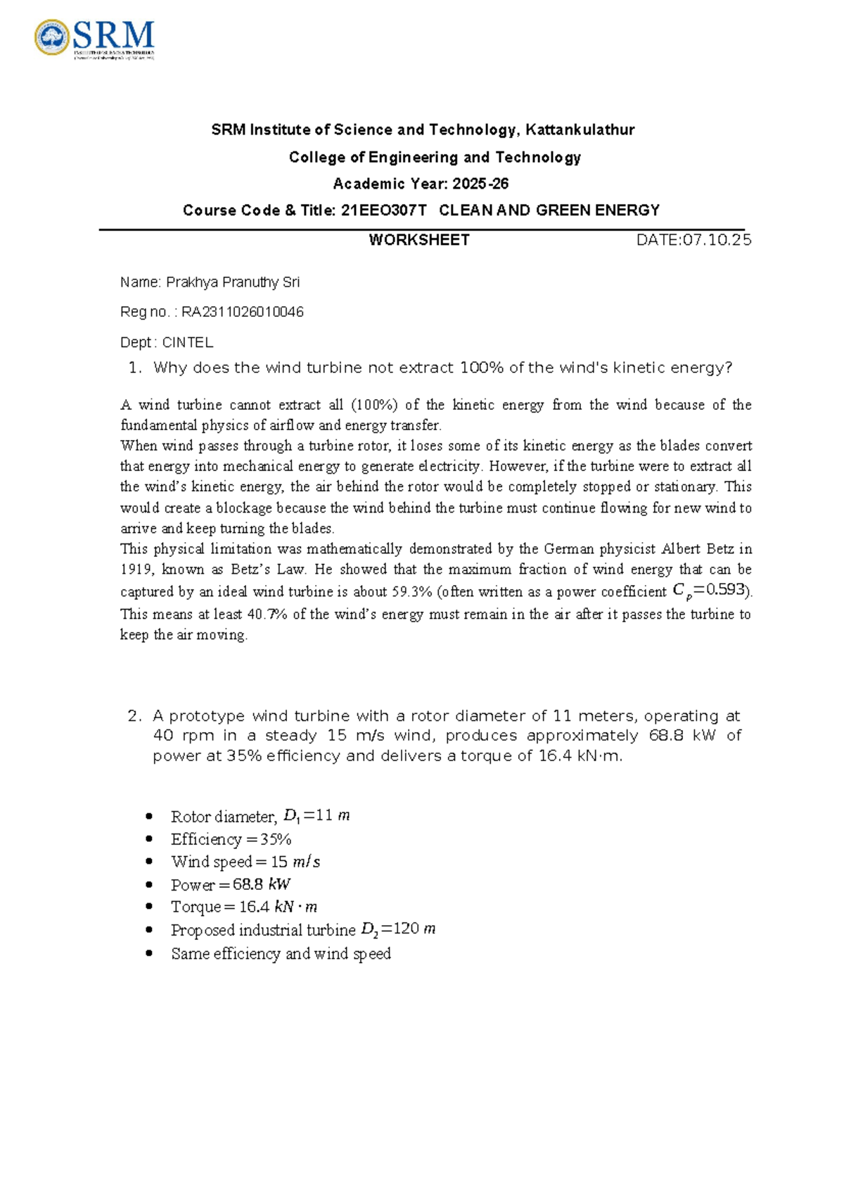 21EEO307T Clean and Green Energy Worksheet Analysis - Studocu