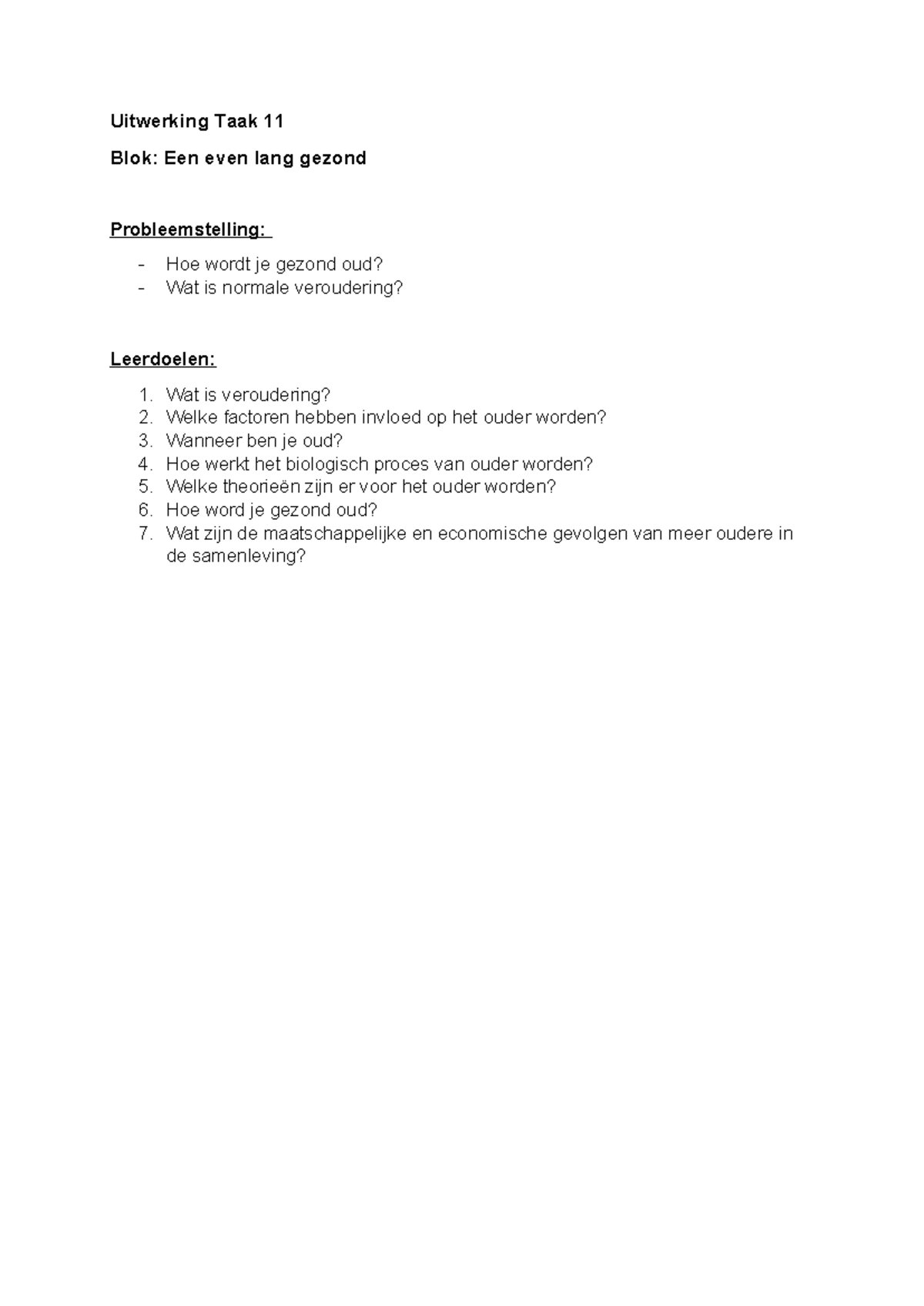 Uitwerking Taak 11: Een Leven Lang Gezond (Blok 1) - Studeersnel