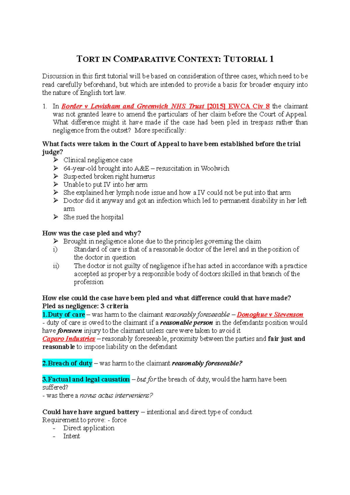 TORT 101: Comparative Context - Tutorial 1 Analysis & Discussion - Studocu