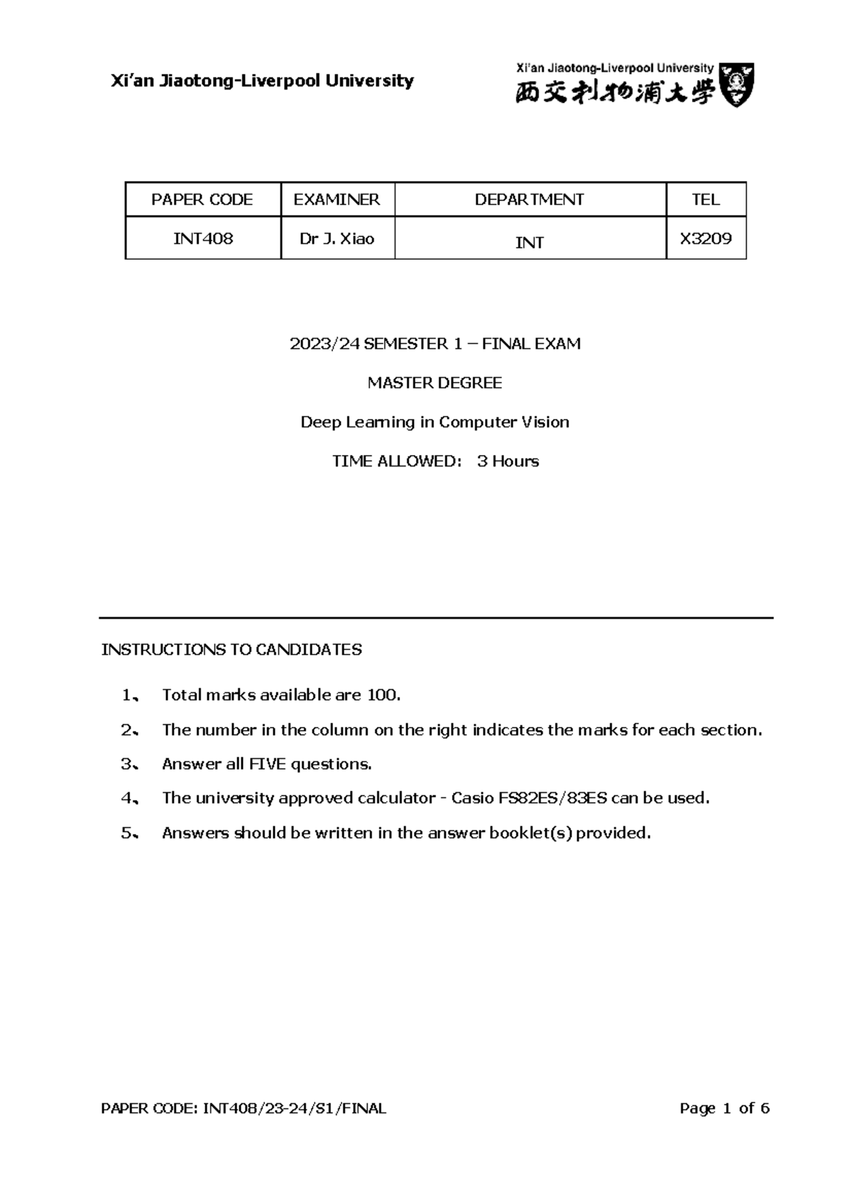 2023-2024 INT408 F S1 - exam paper - PAPER CODE EXAMINER DEPARTMENT TEL ...