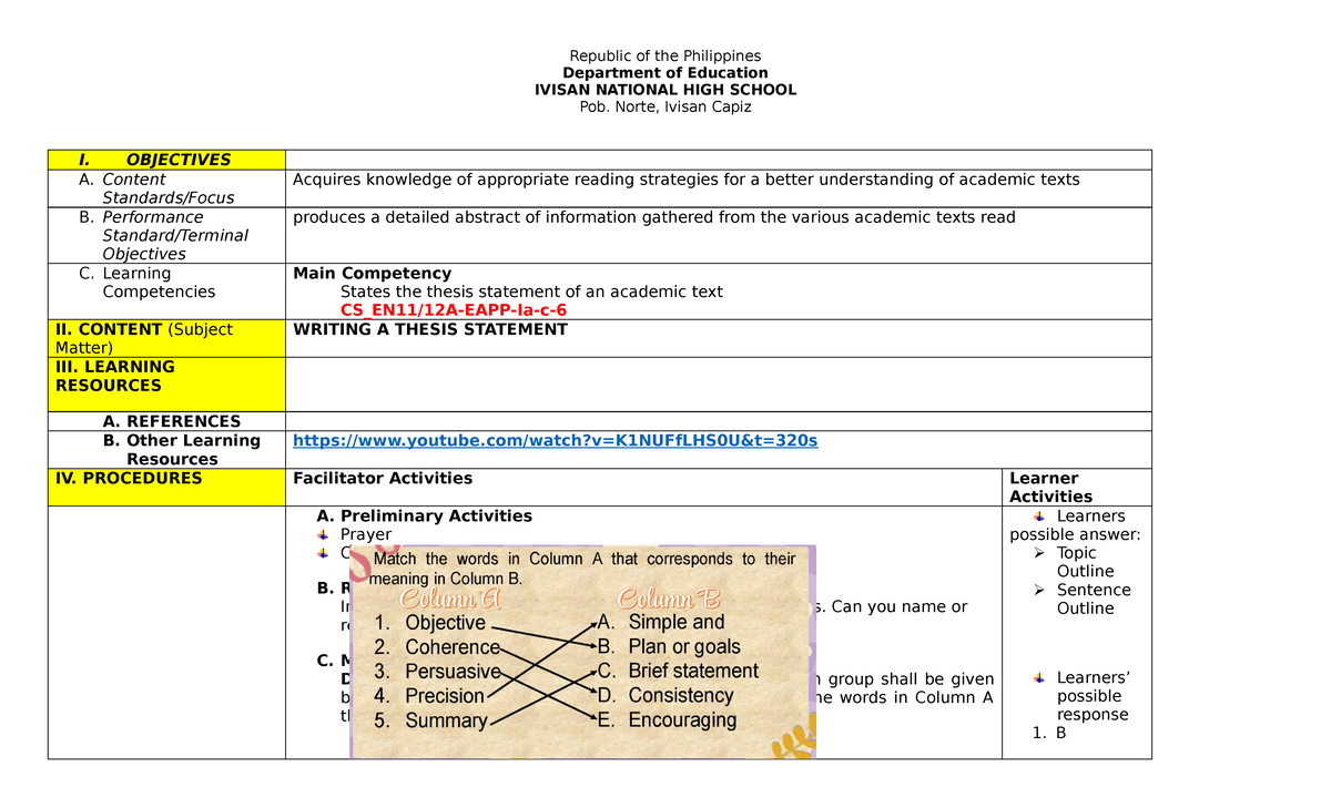 ENGLISH 12 - Writing Effective Thesis Statements for Academic Texts ...