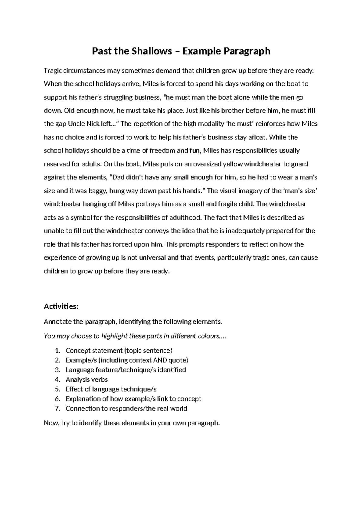 Highlight & Identify Activity - Past the Shallows Paragraph Response ...