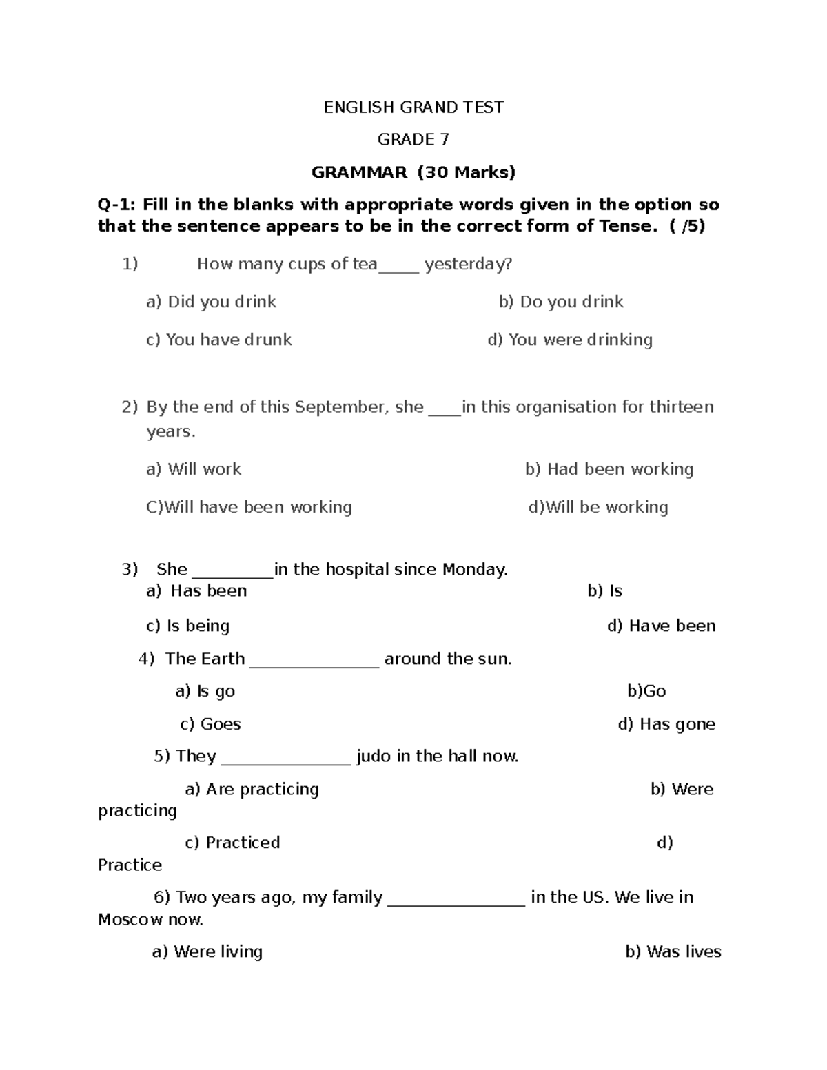 ENGLISH GRADE 7 GRAND TEST PRACTICE WORKSHEET (30 Marks) - Studocu