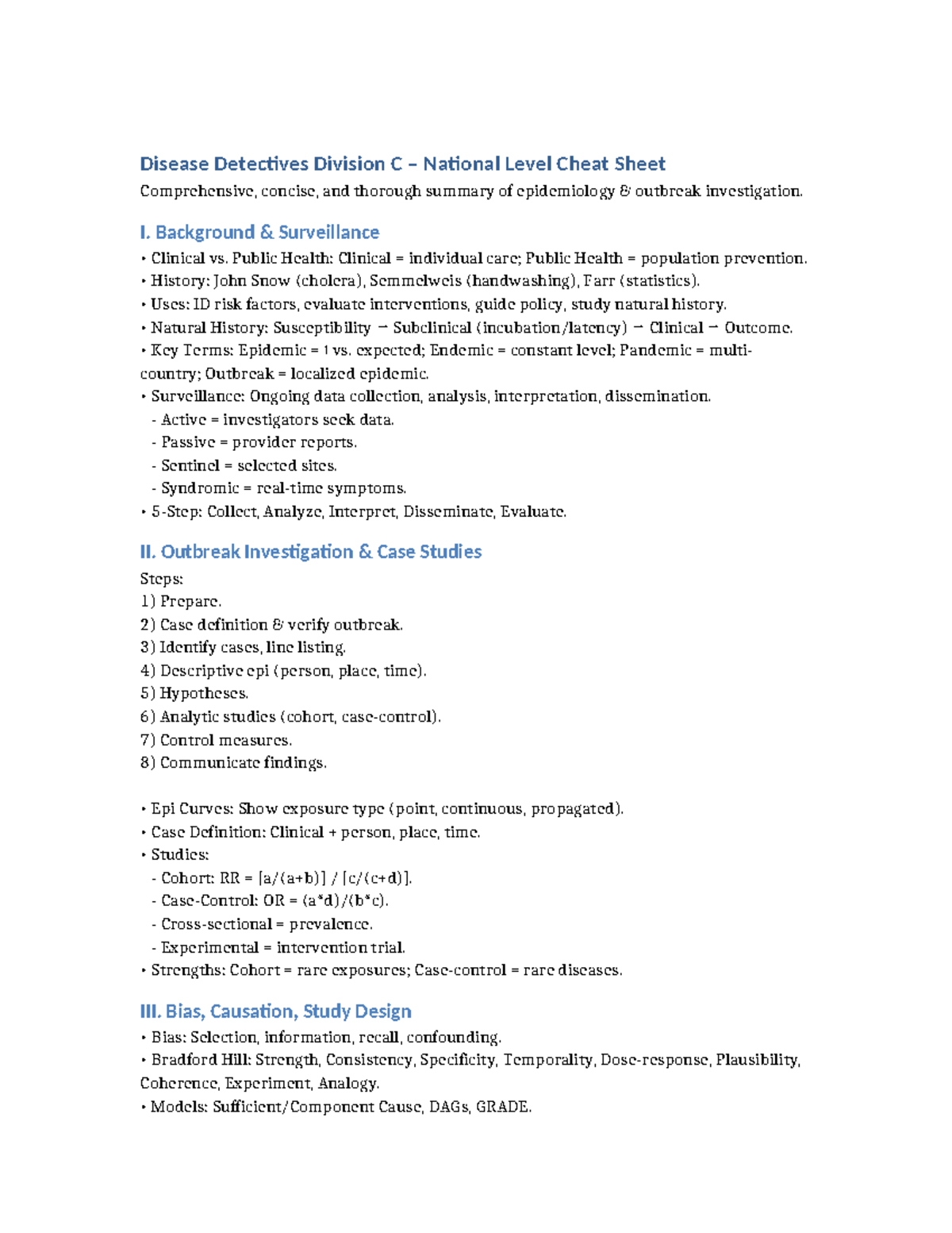 Disease Detectives Division C National Level Cheat Sheet: Epidemiology ...