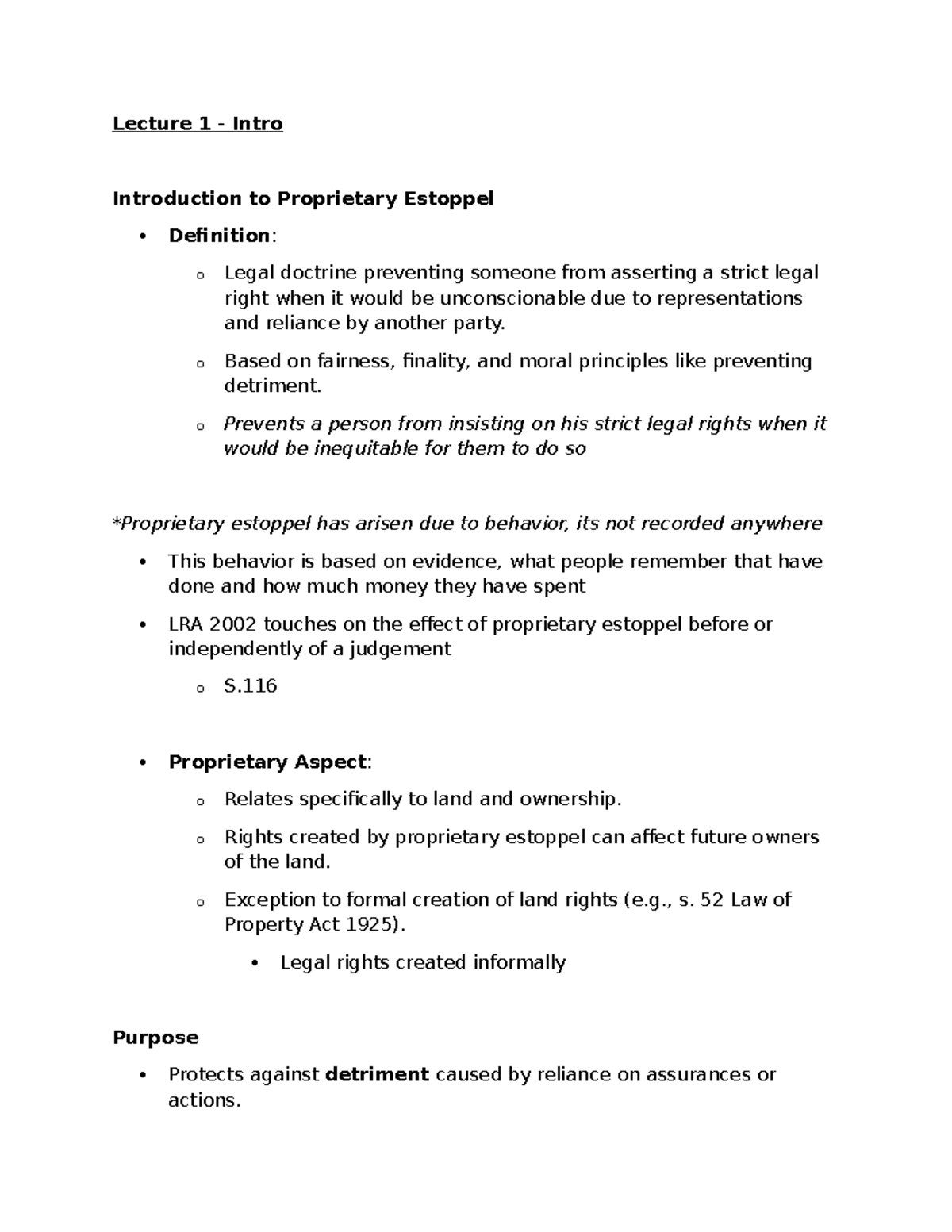 Proprietary Estoppel Notes: Lecture Series on Legal Principles and Key ...
