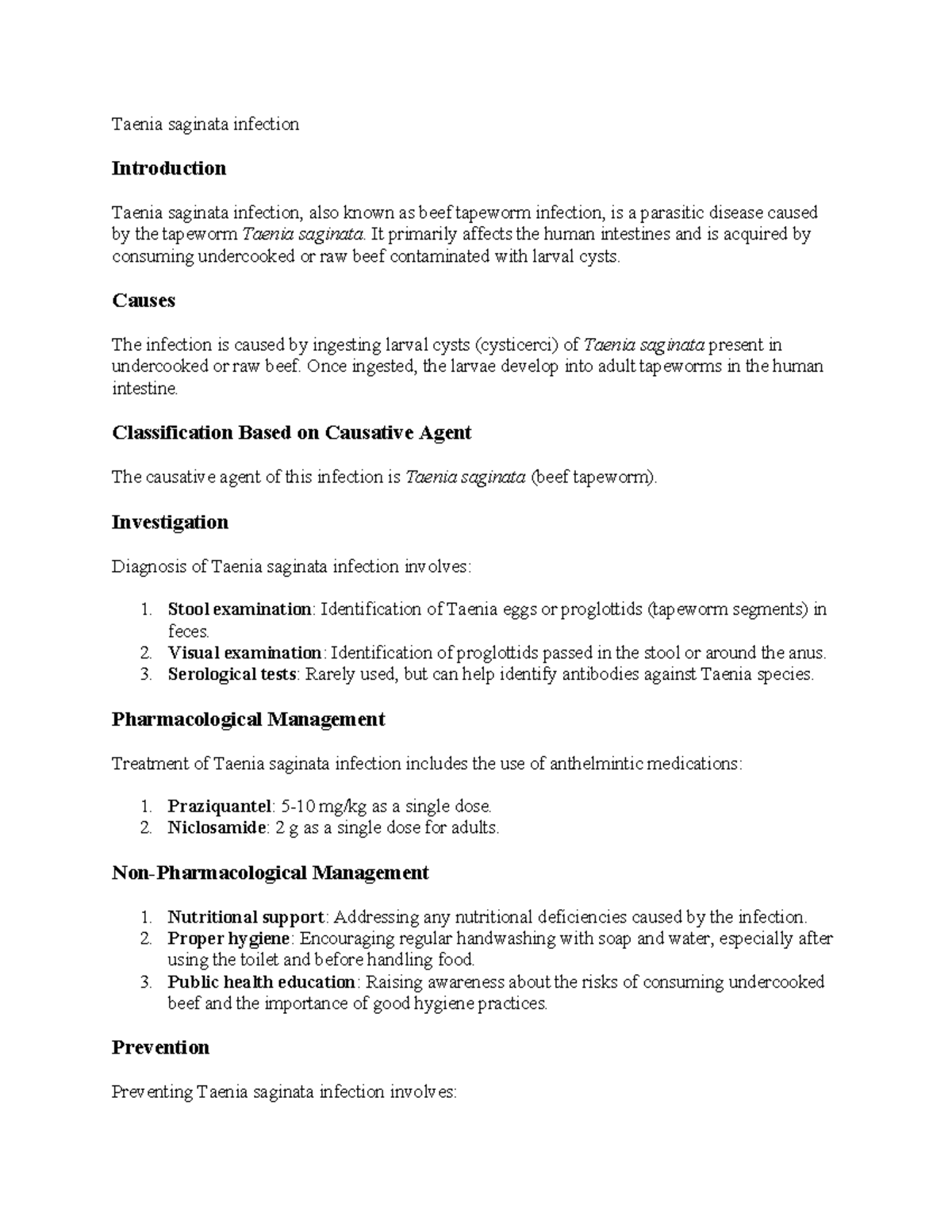 Taenia Saginata Infection: Overview, Diagnosis, and Management - Studocu