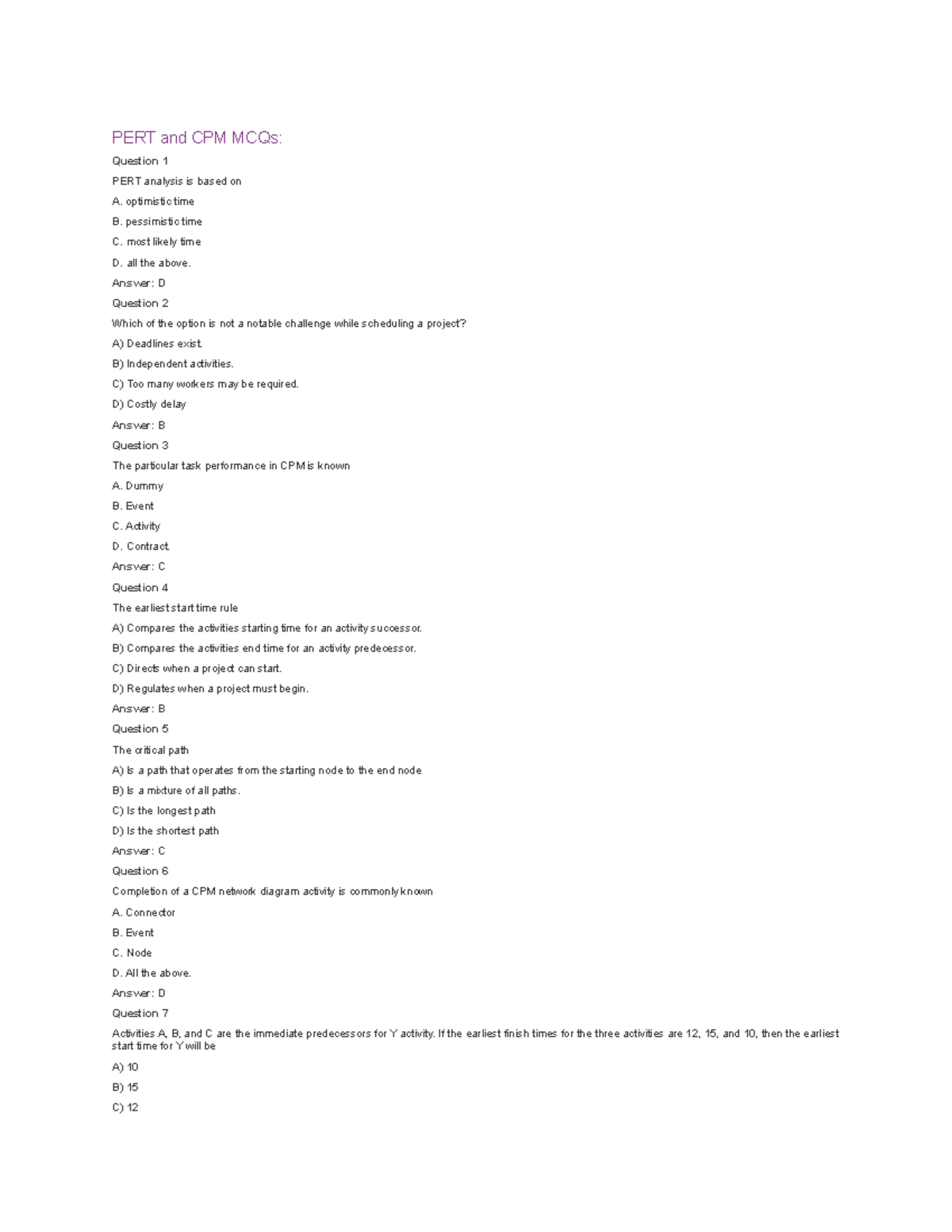 Project Management MCQs: PERT & CPM Concepts - Studocu