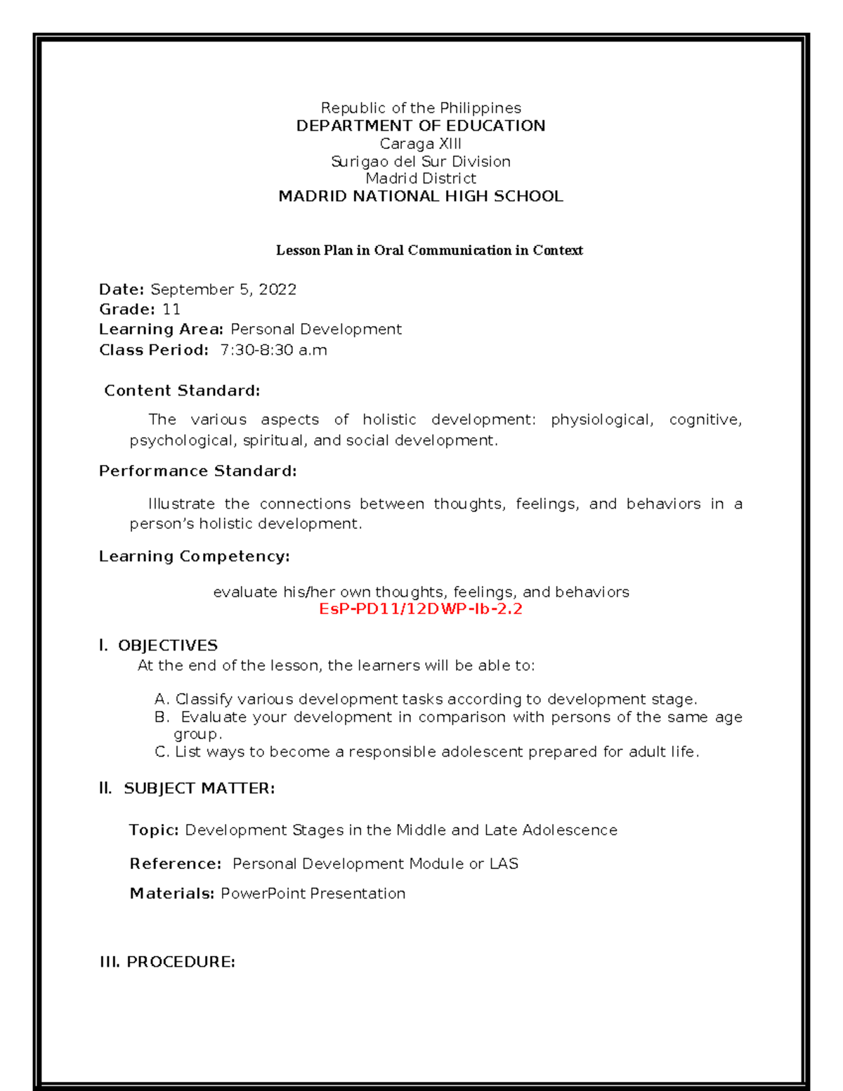 Lesson PLAN - Personal Development - Republic of the Philippines ...