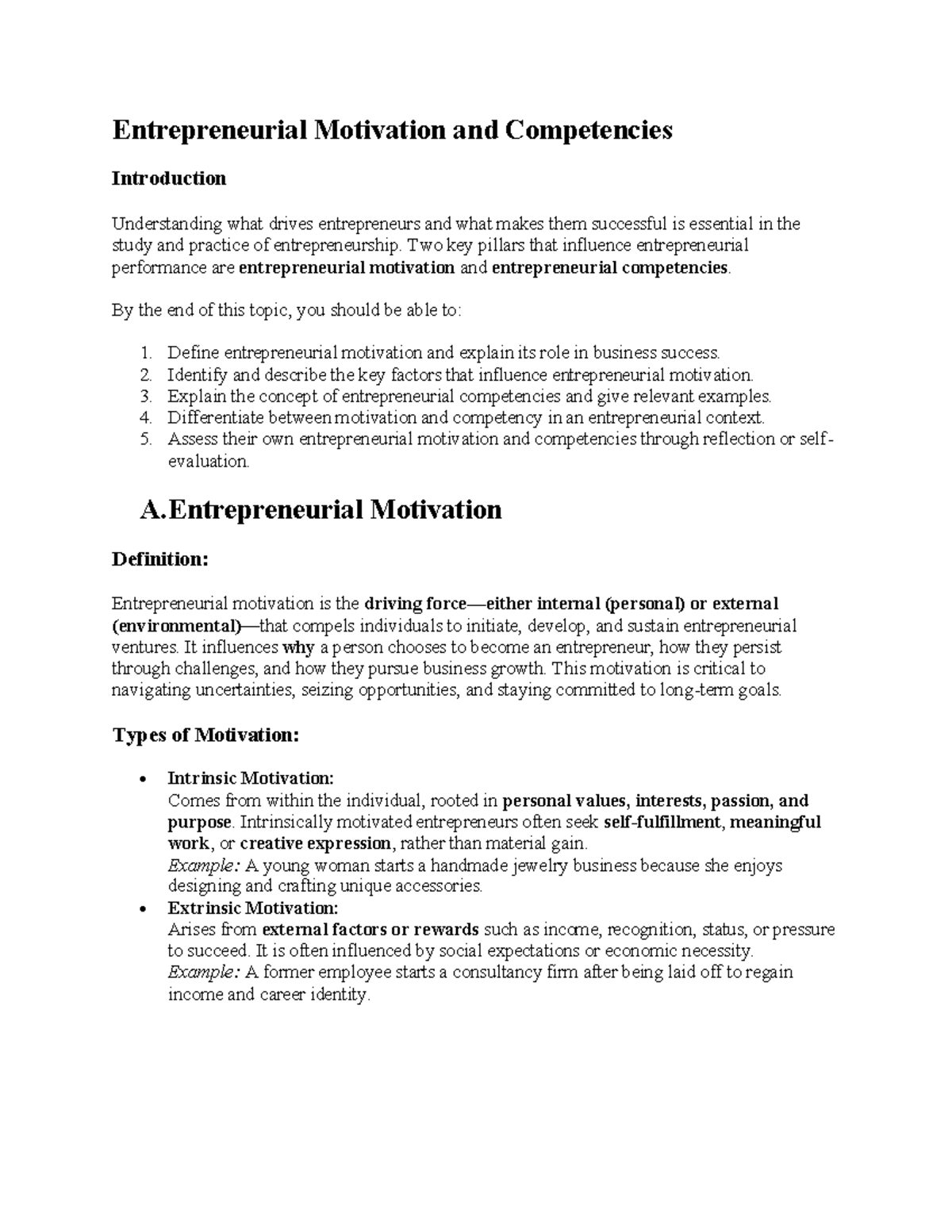 Topic 5: Entrepreneurial Motivation & Competencies Overview - Studocu