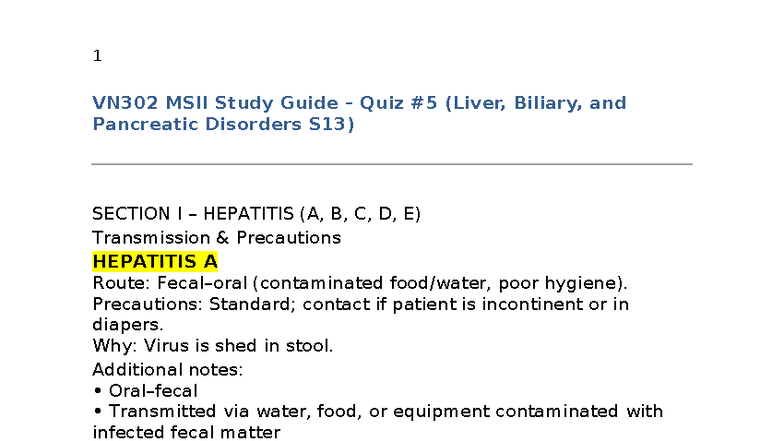 VN302 MSII Study Guide – Quiz #5 on Liver, Biliary, and Pancreatic ...