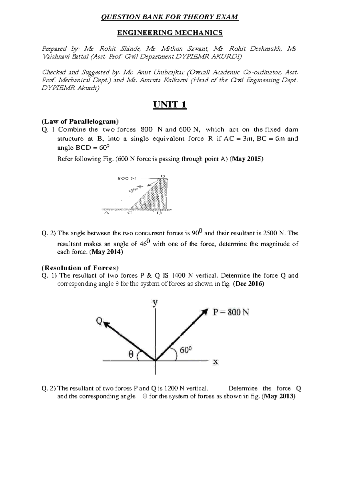 EM QB Theory UNIT 1 - This is Engineering Mechanics Unit 1 Question bank - QUESTION BANK FOR ...