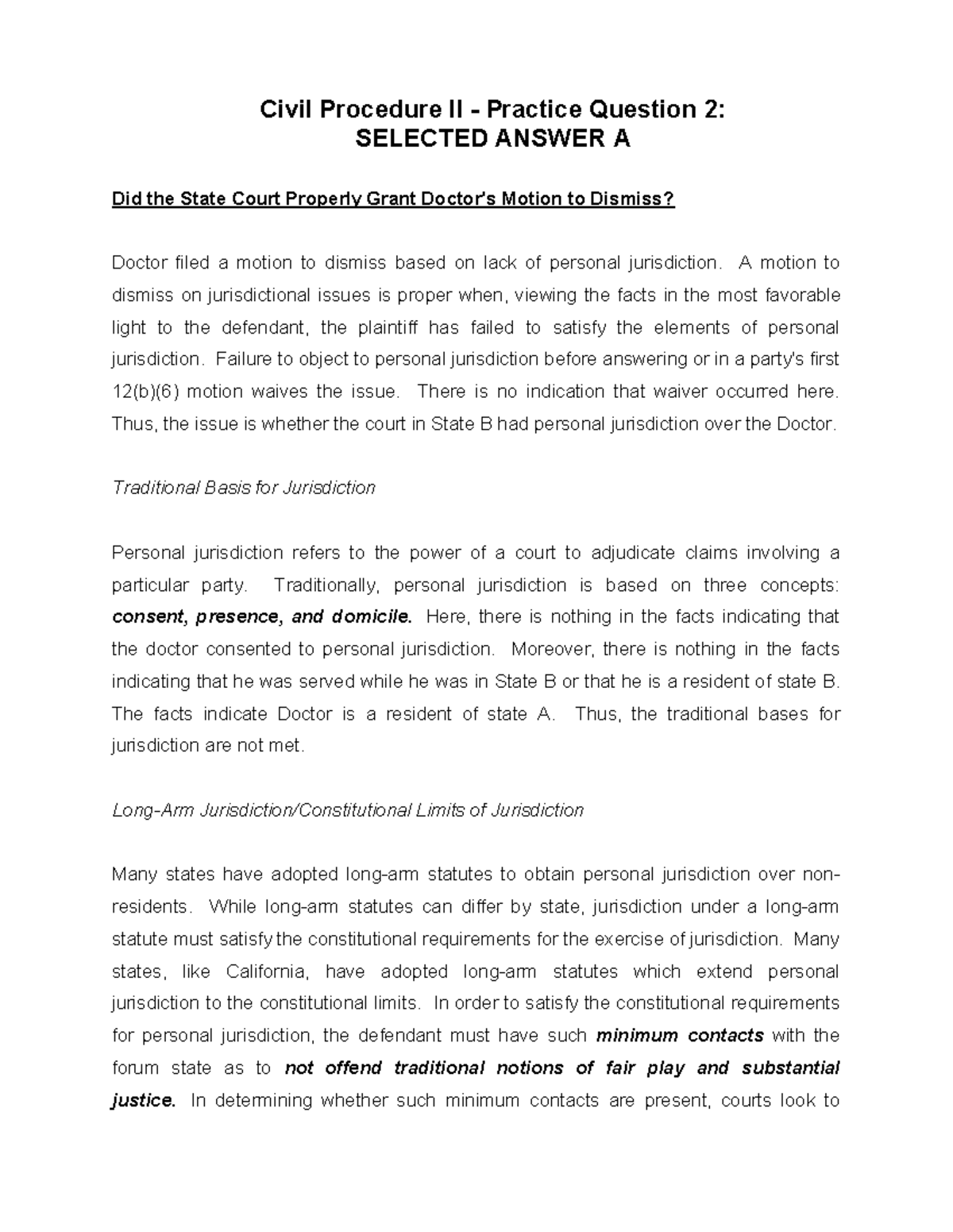 Civil Procedure II Practice Question 2: Analysis of Personal ...