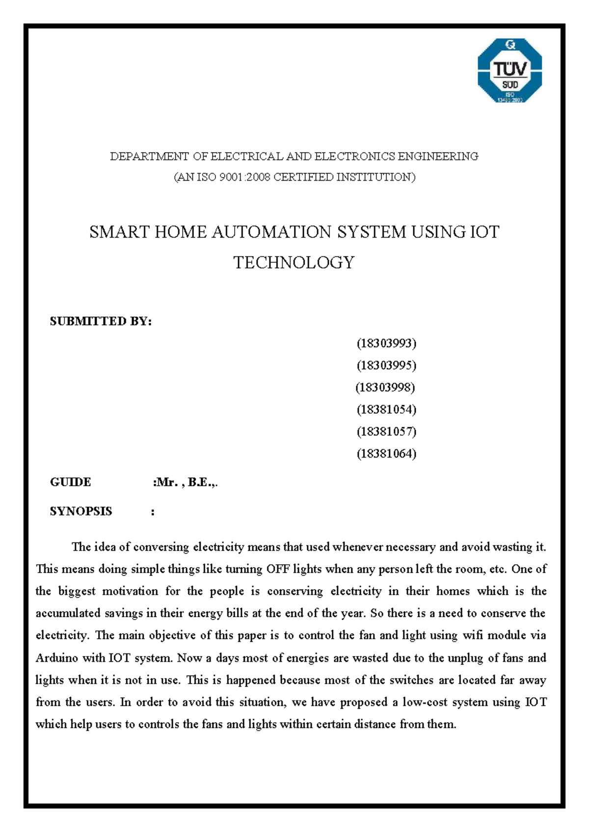 Smart Home Automation System Using IoT Technology - EEE Project - Studocu