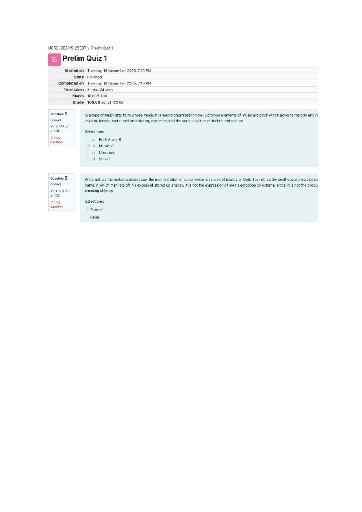 Prelim Quiz 1 - Music and Art Concepts Review - Studocu