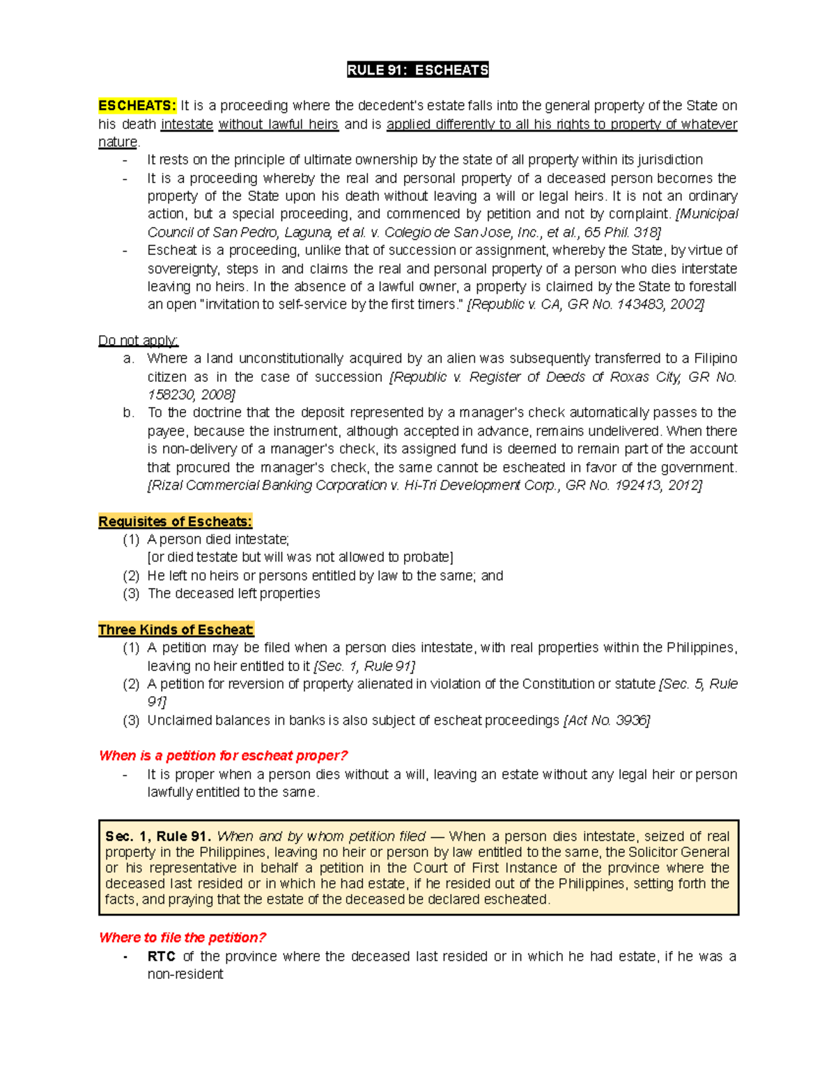 Escheat Proceedings Overview - PRO Notes on Rule 91 (ESCH-1) - Studocu