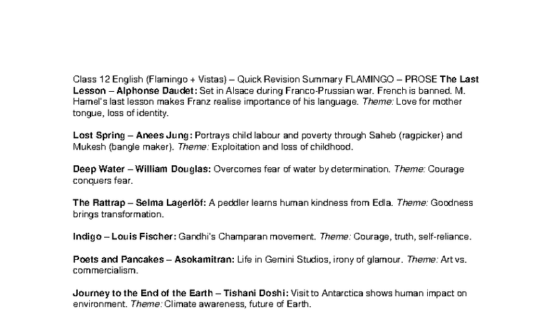Class 12 English (Flamingo Vistas) Summary Notes - Studocu