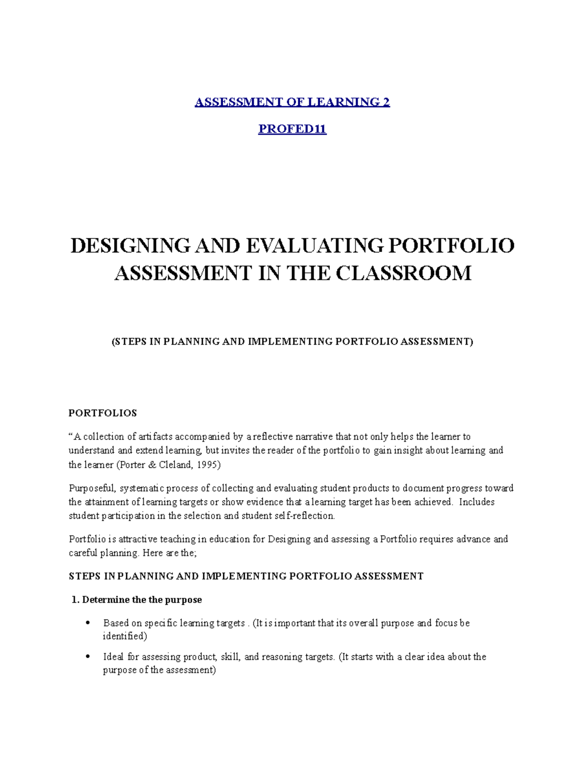 Designing and Evaluating Portfolio Assessment in the Classroom ...