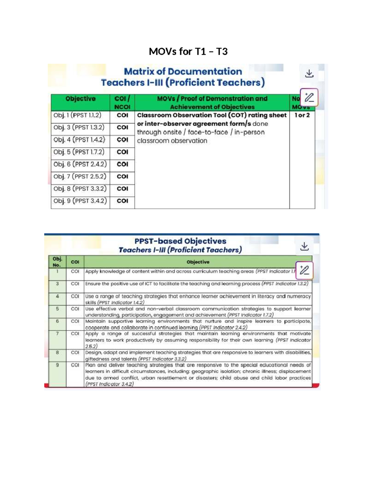 MOVs for T1 T3: Proficient Teachers' Documentation Matrix and Objectives - Studocu