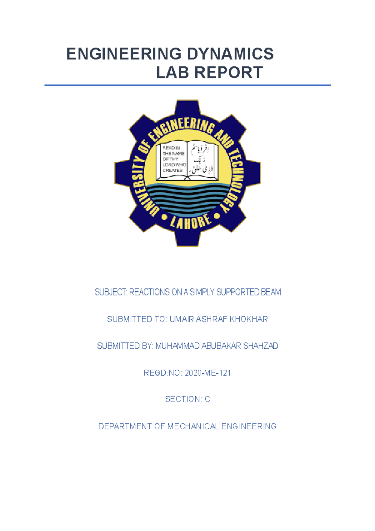 Lab Report 1: Analyzing Reactions on a Simply Supported Beam - Studocu