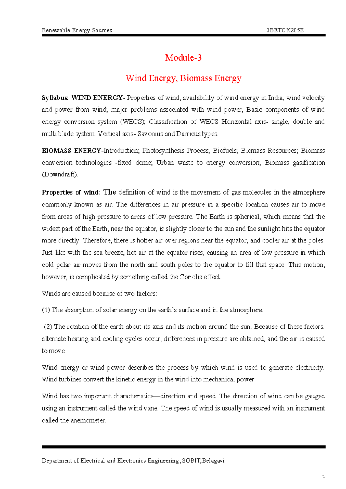 Module-3 Part-1 Wind Energy - Module- Wind Energy, Biomass Energy ...