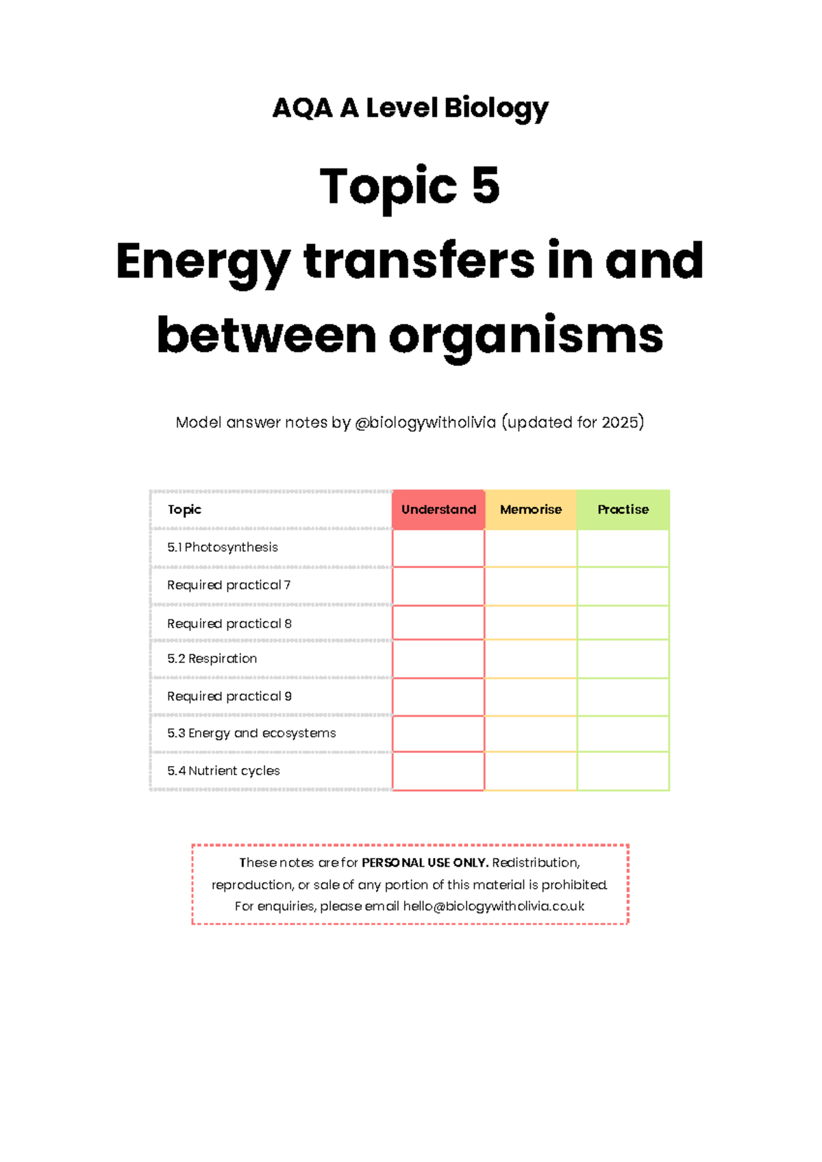 AQA A Level Biology Topic 5: Energy Transfers in Organisms (2025 Update ...