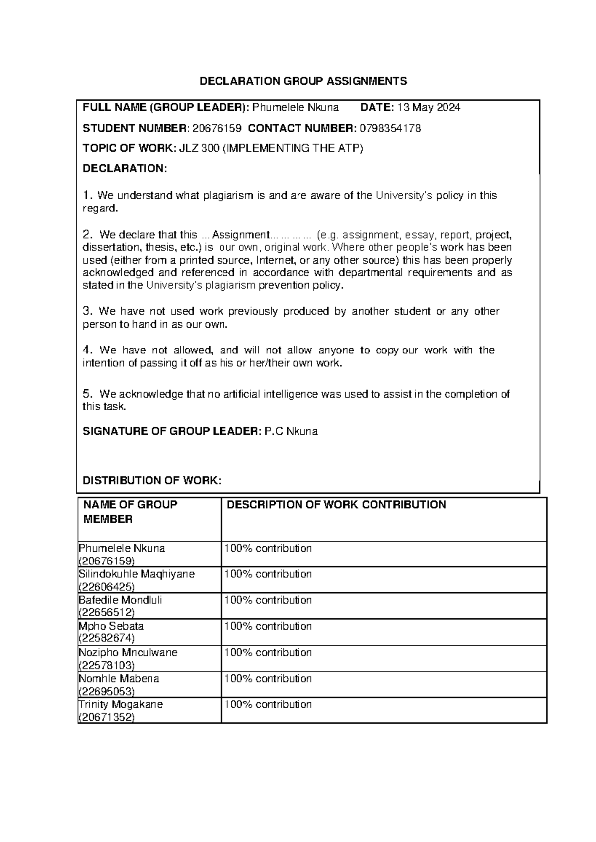 JLZ ATP Assignment - DECLARATION GROUP ASSIGNMENTS FULL NAME (GROUP ...