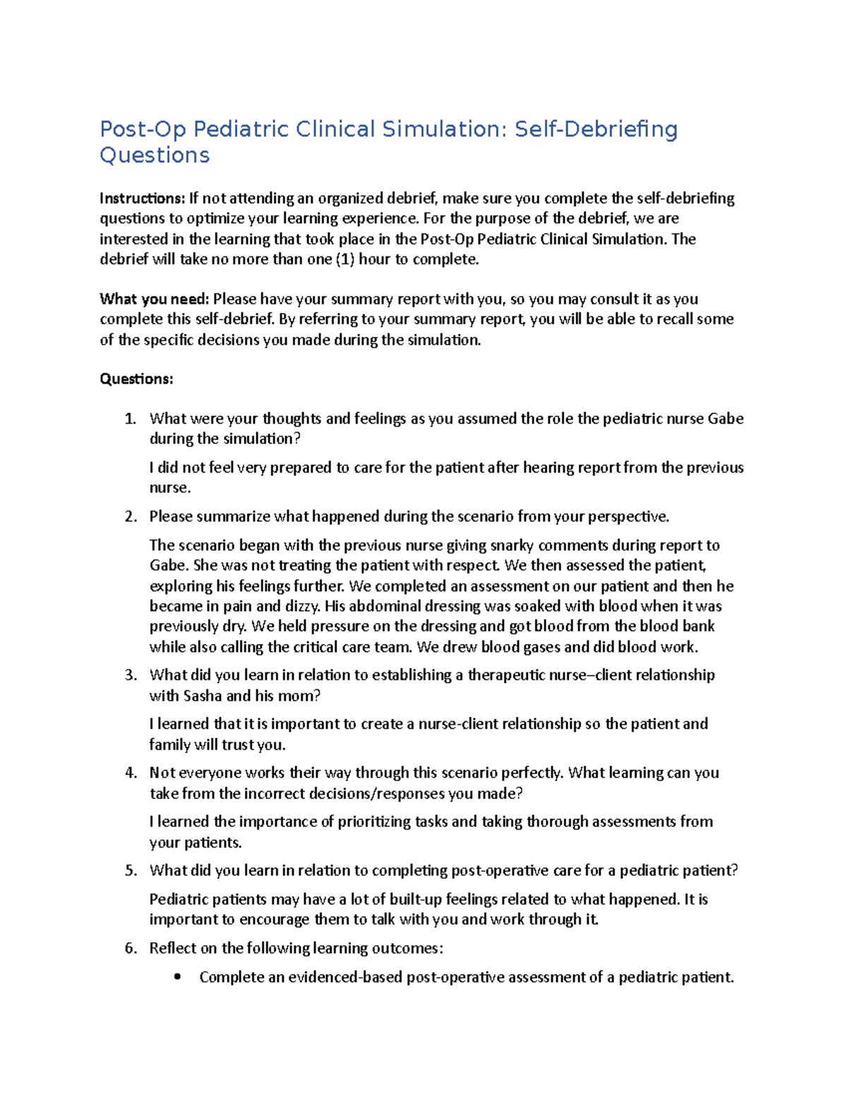 Pediatric 1 Post-Op Clinical Simulation Self-Debriefing Guide - Studocu
