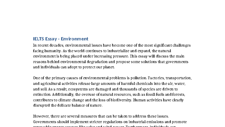 IELTS Essay: Addressing Environmental Challenges and Solutions - Studocu