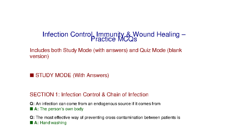 MOD1-3 Infection Control & Immunity Wound Healing MCQs Study Guide ...