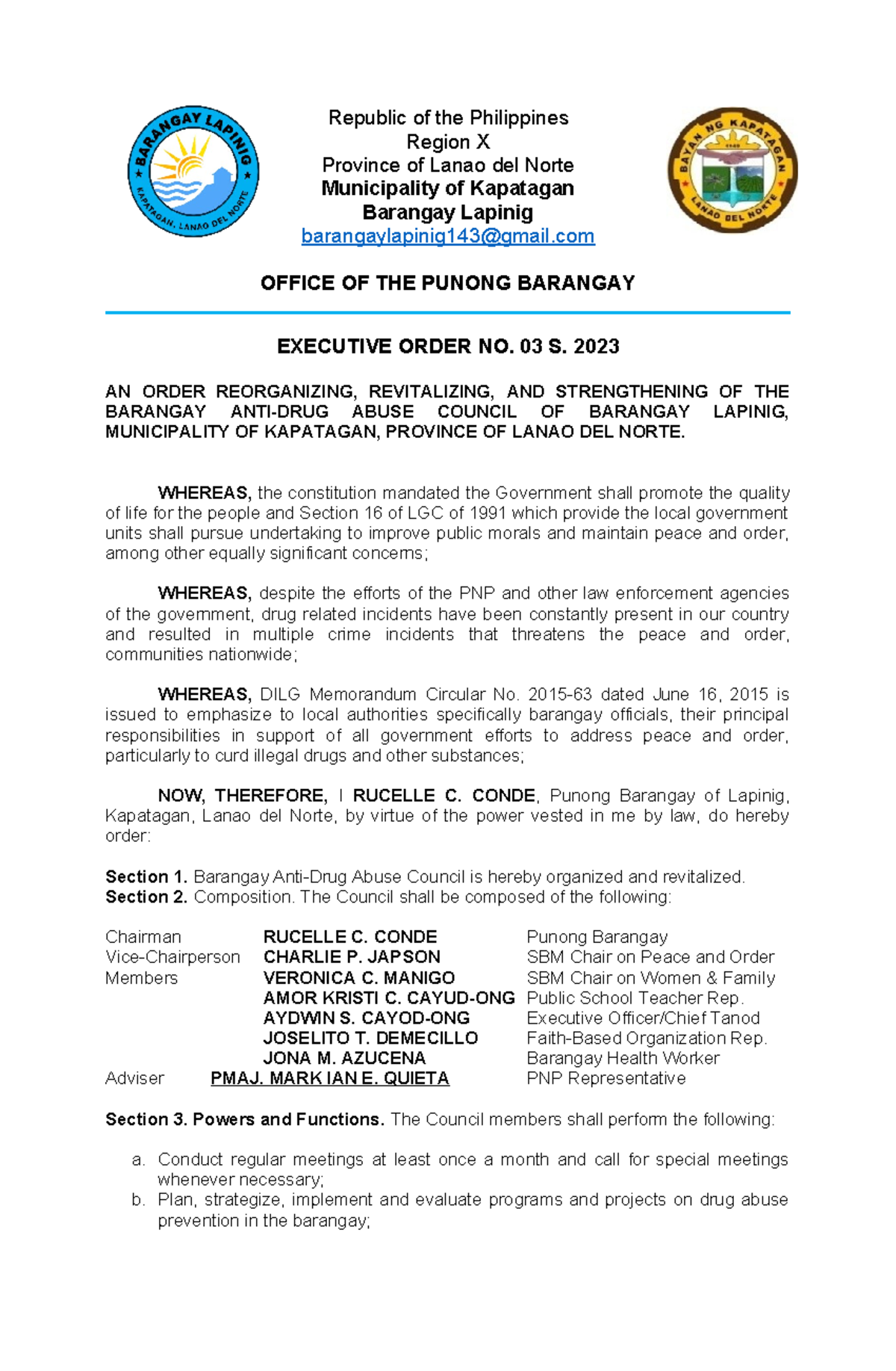 Executive Order No. 03 S. 2023: Revitalizing BADAC in Barangay Lapinig ...