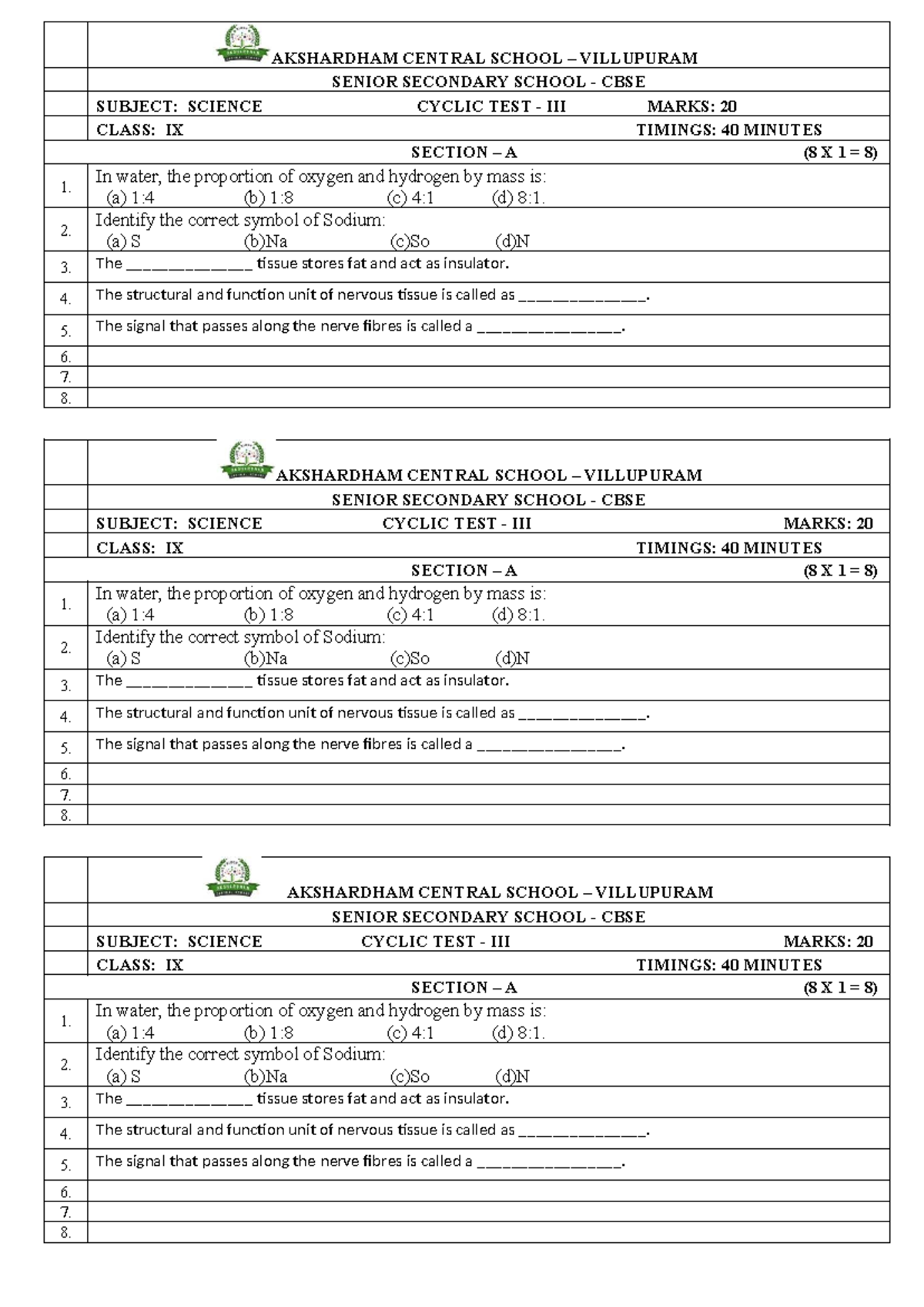 AKSHARDHAM CENTRAL SCHOOL CBSE CLASS IX SCIENCE CYCLIC TEST QP - Studocu
