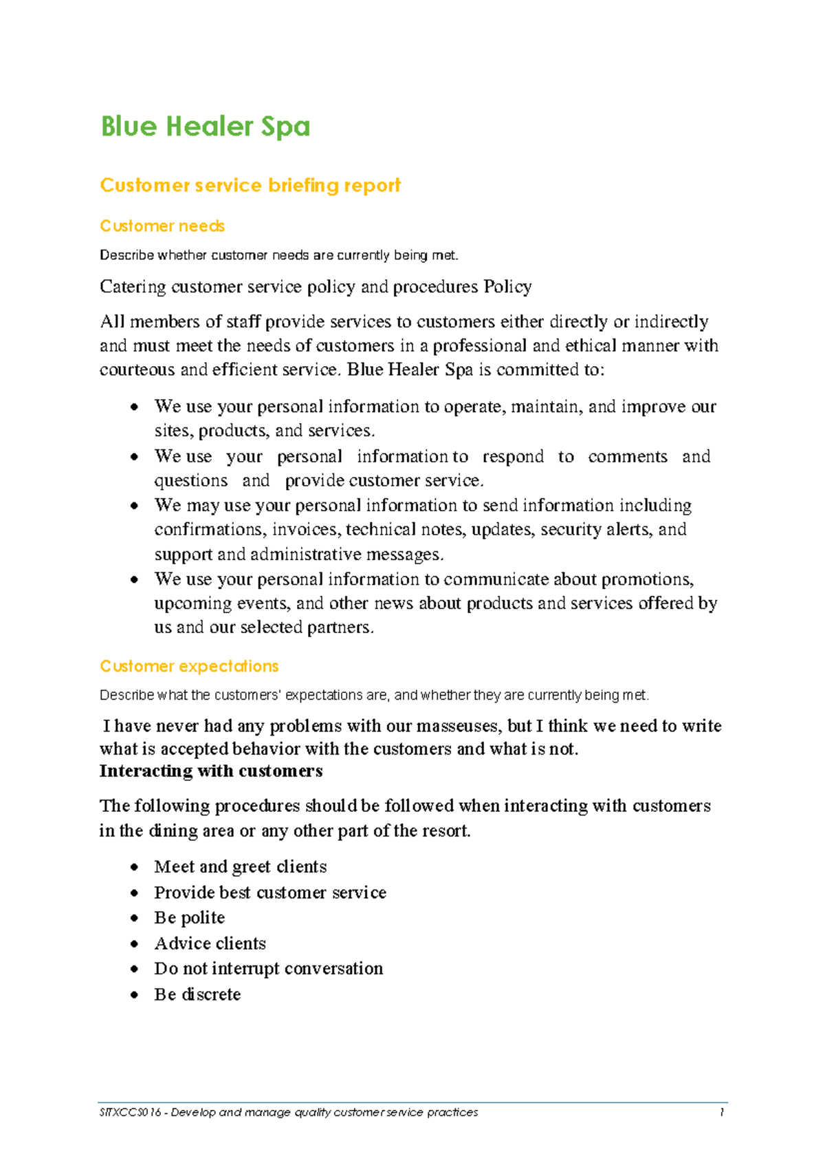 Blue Healer Spa Customer Service Briefing Report - Sitxccs 016 - Studocu