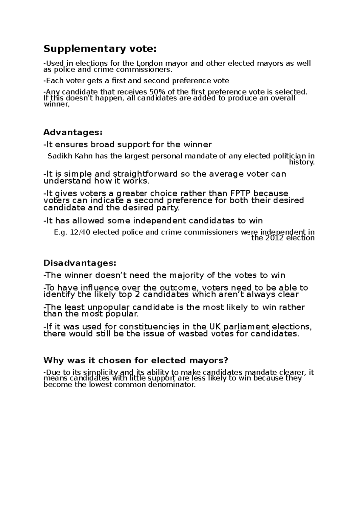 Electoral Systems: Supplementary Vote Analysis for Elections - Studocu