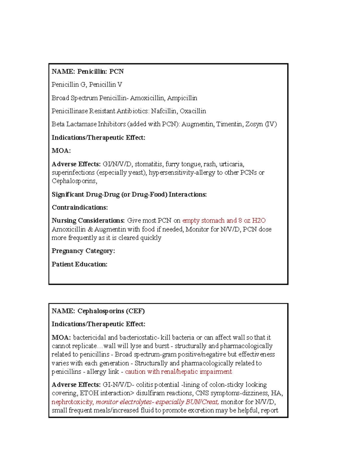 Drug Cards - NAME: Penicillin: PCN Penicillin G, Penicillin V Broad ...