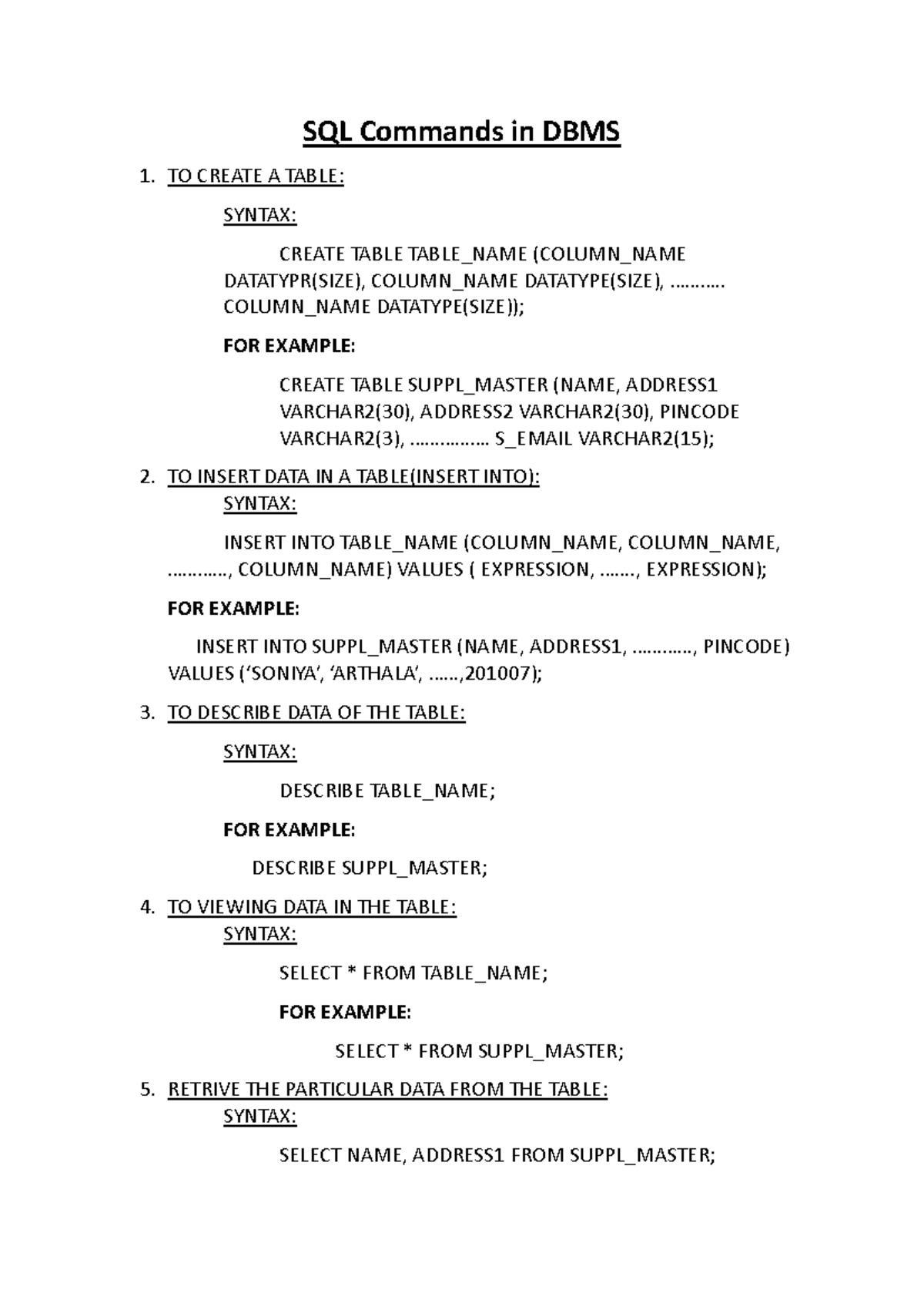 SQL Commands in DBMS: Comprehensive Guide for Course DBMS101 - Studocu