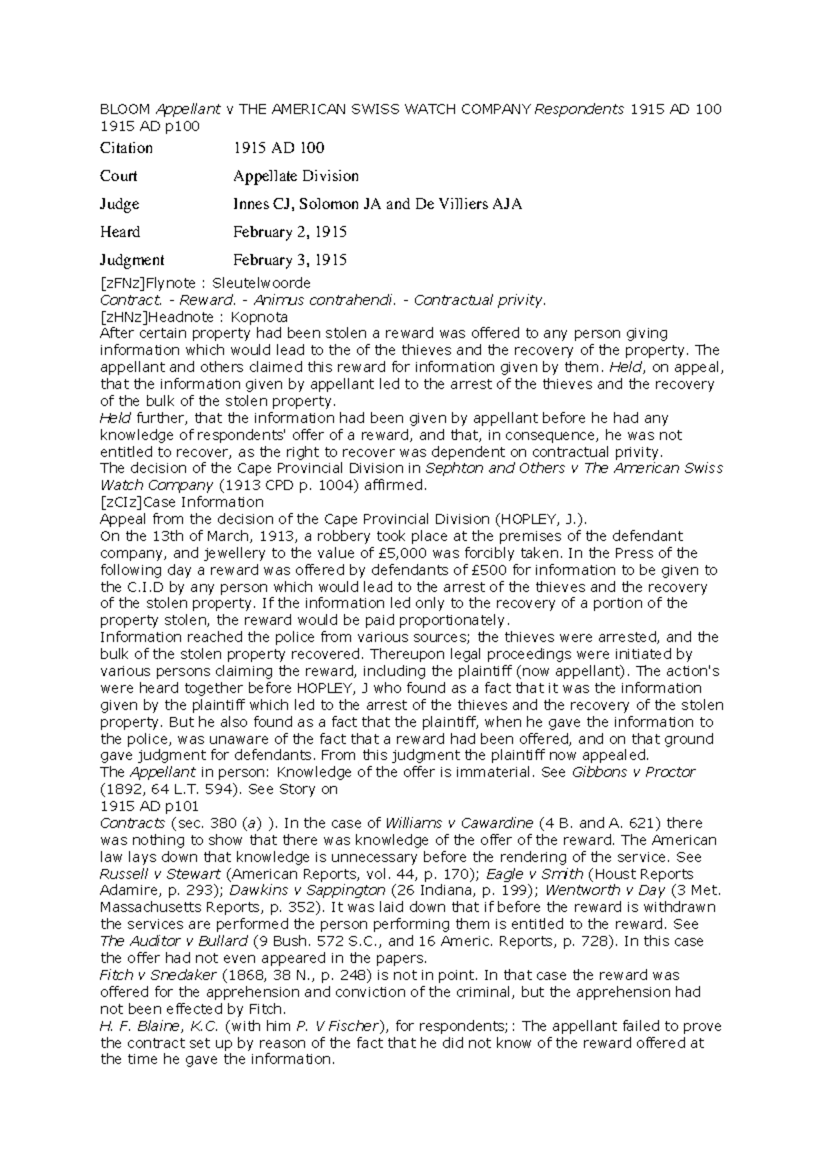 BLOOM v AMERICAN SWISS WATCH CO: 1915 AD 100 Appeal Judgment Analysis ...