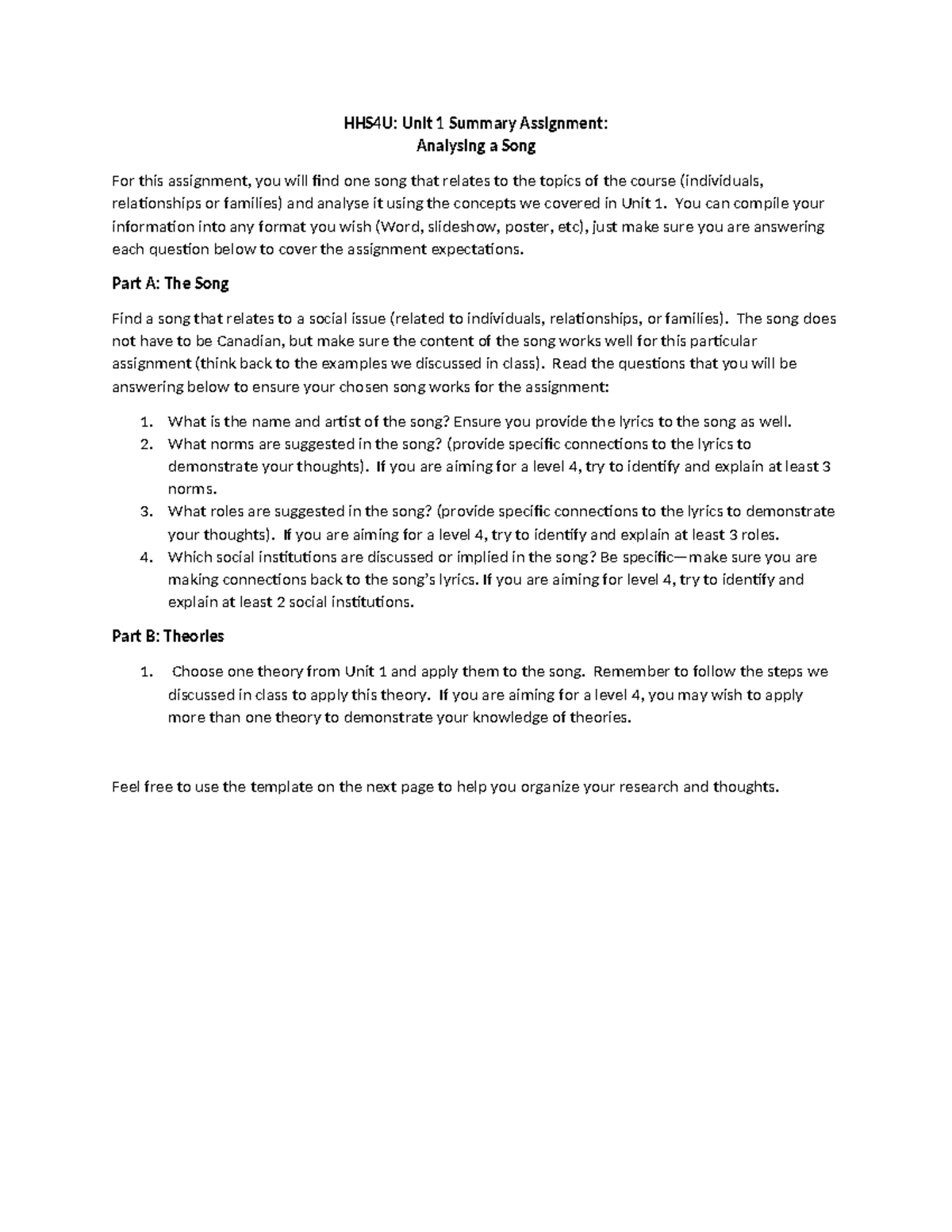 HHS4U Unit 1 Summary: Song Analysis Assignment Overview - Studocu