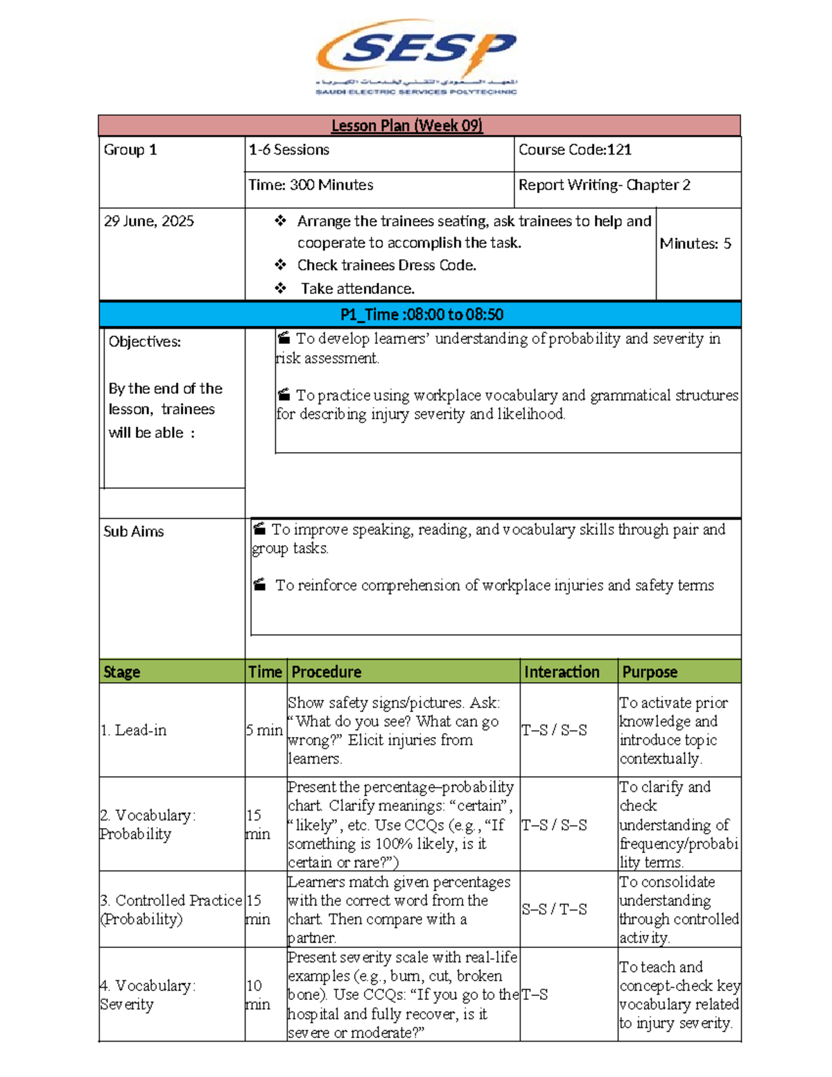 Lesson Plan (Week 09) Group 1 - Risk Assessment & Vocabulary (JTC RW ...