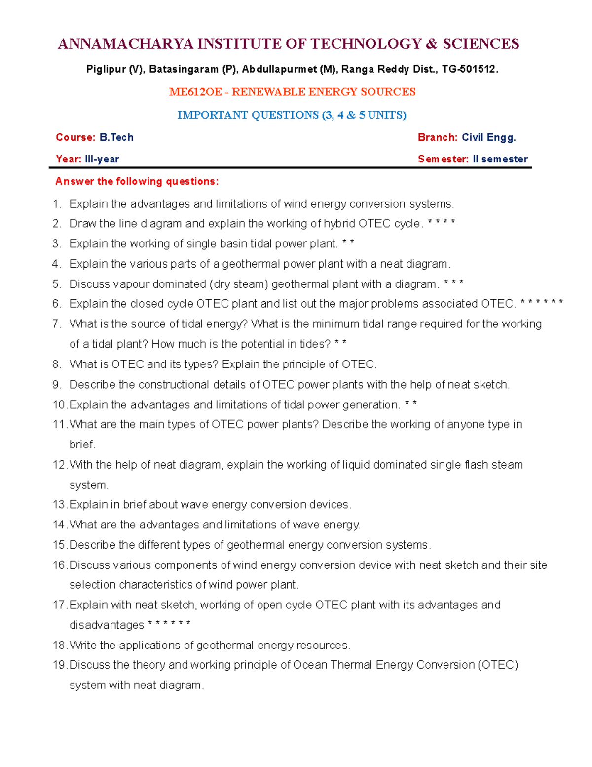 ME612OE Renewable Energy Sources Important Questions (Units 3-5) - Studocu
