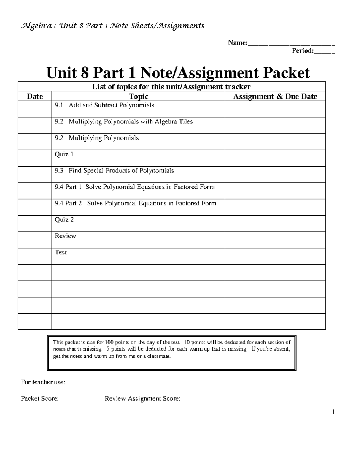 Algebra 1 Unit 8 Part 1 Notes & Assignments Overview - Studocu