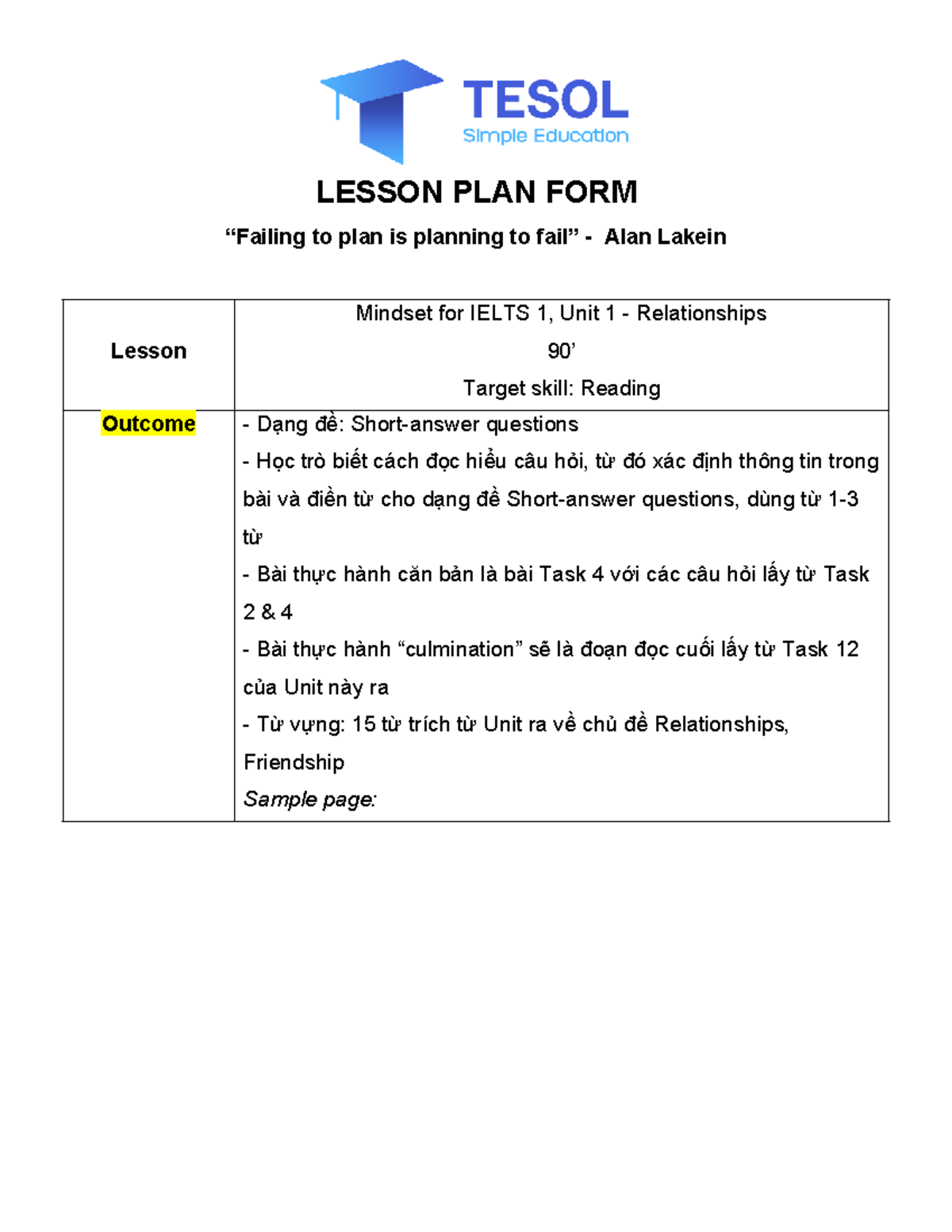 IELTS 1 Lesson Plan: Relationships & Reading Skills - Studocu