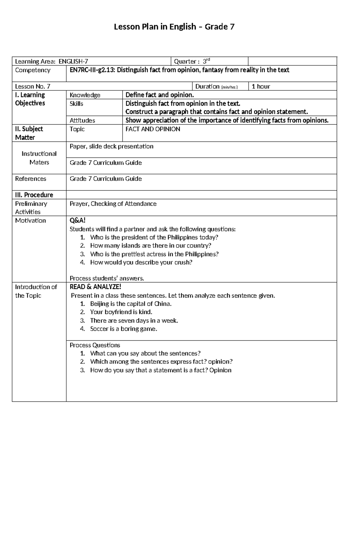 EN-7 Lesson Plan: Distinguishing Fact from Opinion in Texts - Studocu