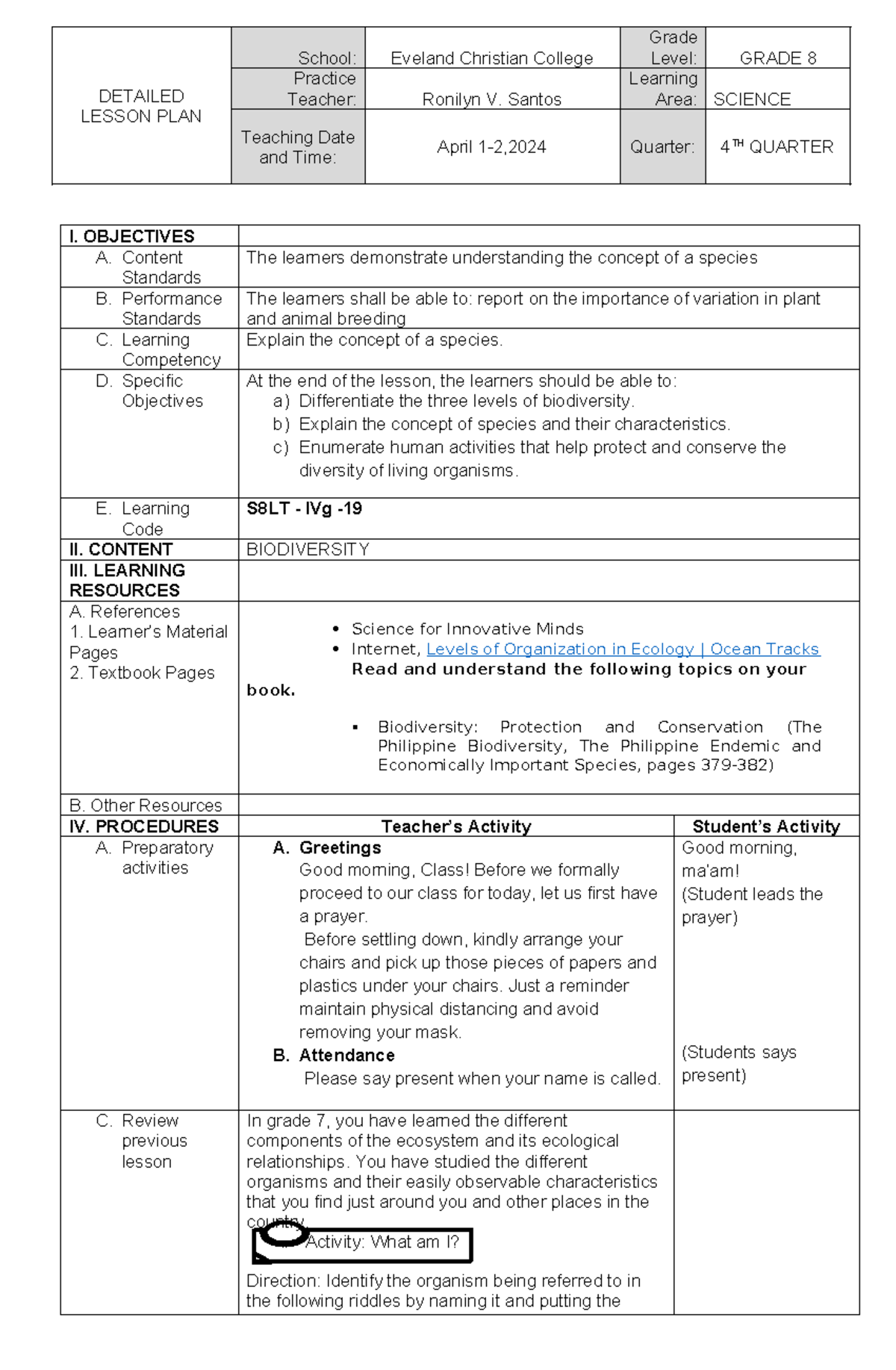S8LT - Lesson Plan: Understanding Species and Biodiversity - Studocu