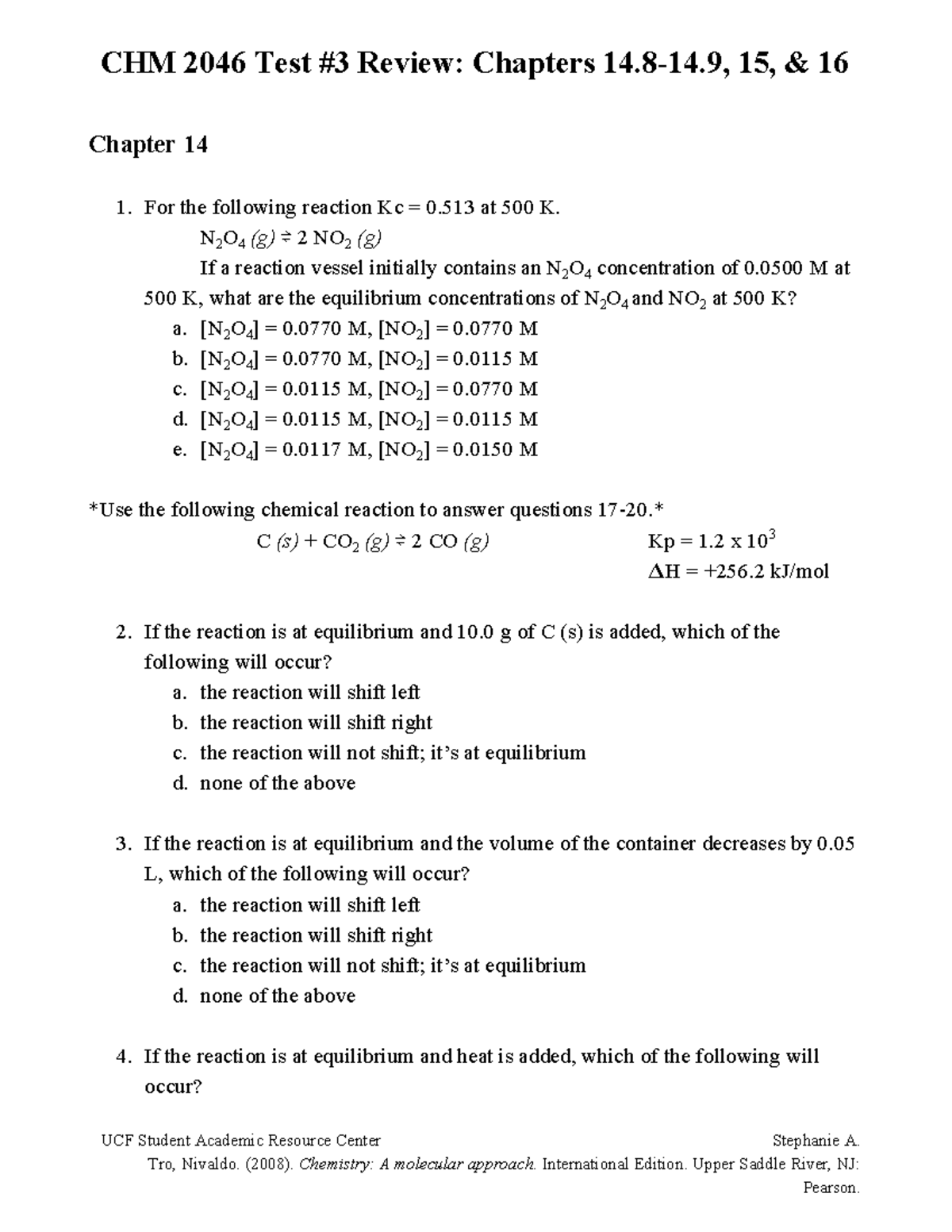 Chm 2046 Final Exam Practice: Chapters 14-16 Overview & Key Concepts ...