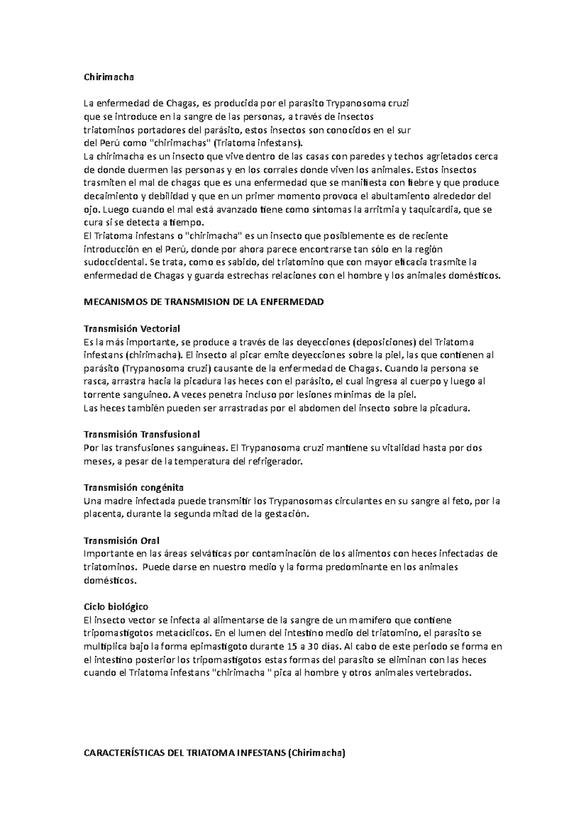 Enfermedad de Chagas y el Insecto Chirimacha: Un Estudio Completo - Studocu