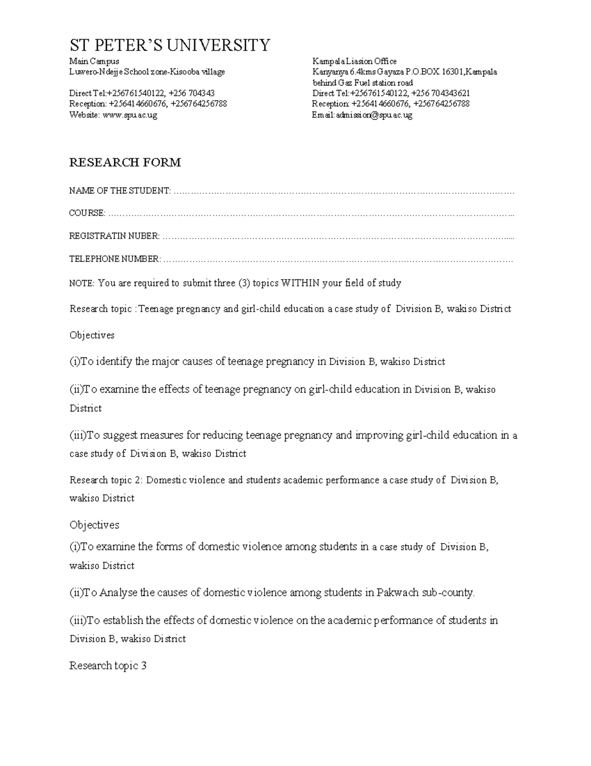 Research Form - Education Topics for Division B, Wakiso District - Studocu