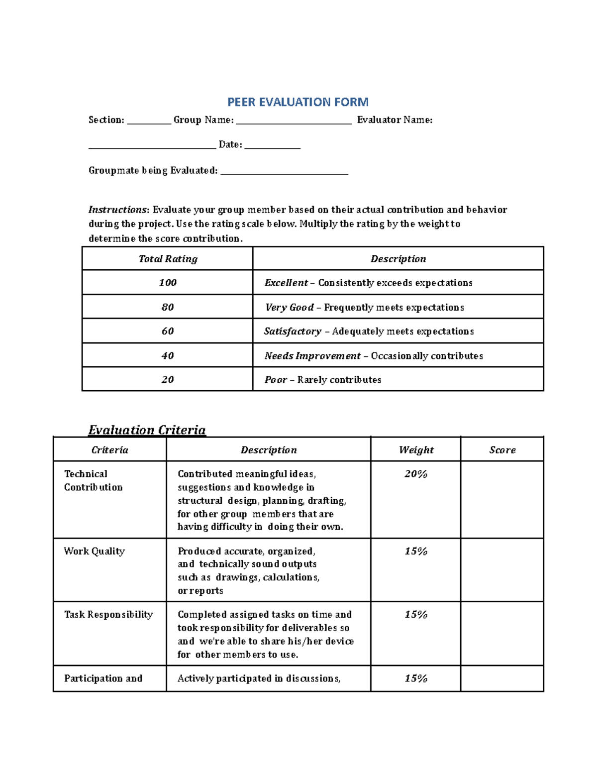 PEER EVALUATION FORM - Group Assessment Tool - Studocu