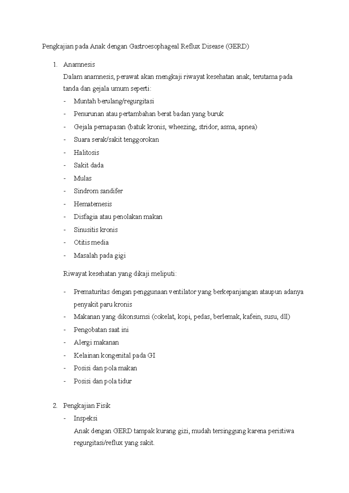 Pengkajian Anak dengan Gastroesophageal Reflux Disease (GERD) - Studocu