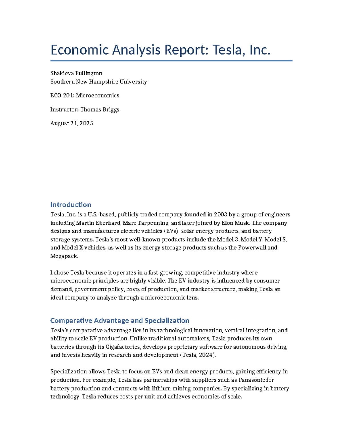 ECO 201: Microeconomic Analysis of Tesla, Inc. - Final Report - Studocu