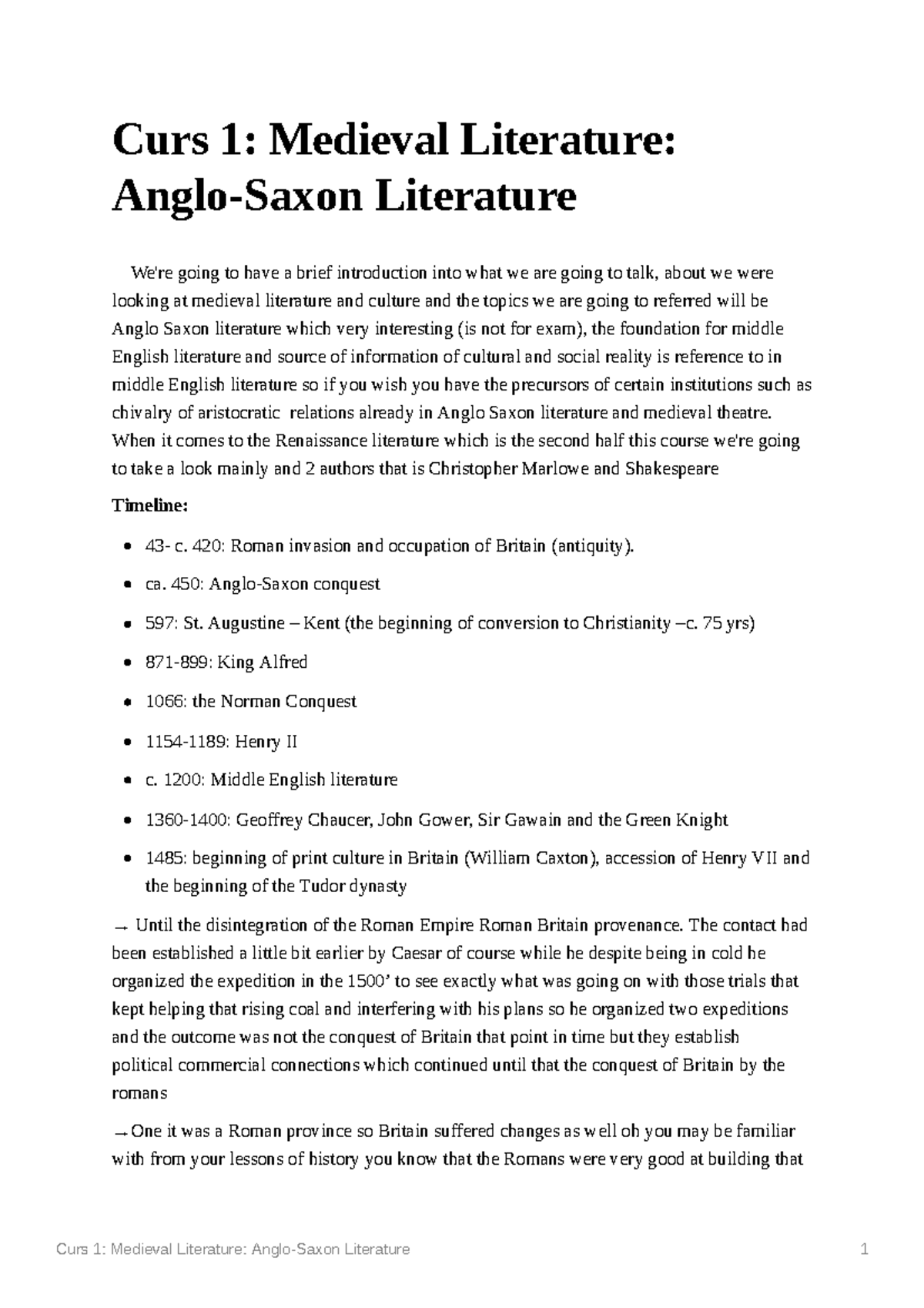 Curs 1 - Medieval Literature: Key Lecture Notes on Anglo-Saxon Texts ...